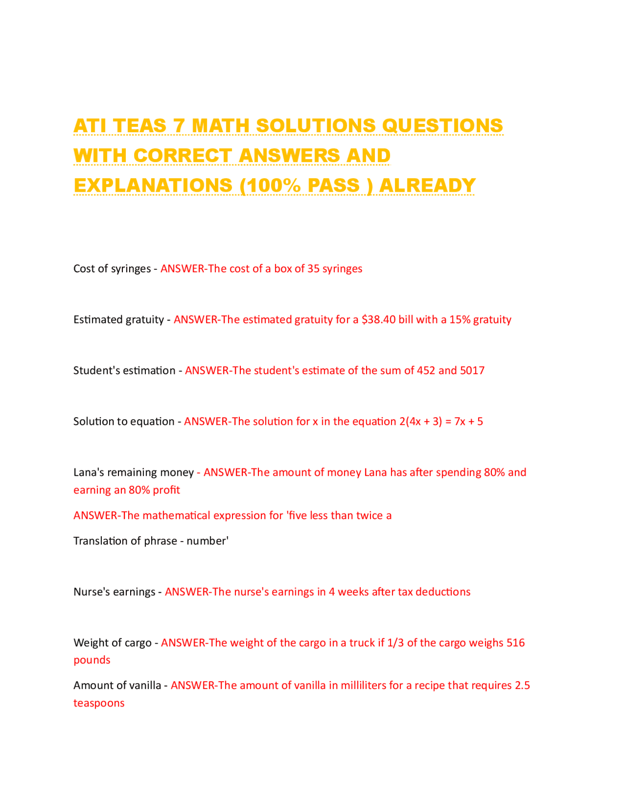 ATI TEAS 7 MATH SOLUTIONS QUESTIONS WITH CORRECT ANSWERS AND ...