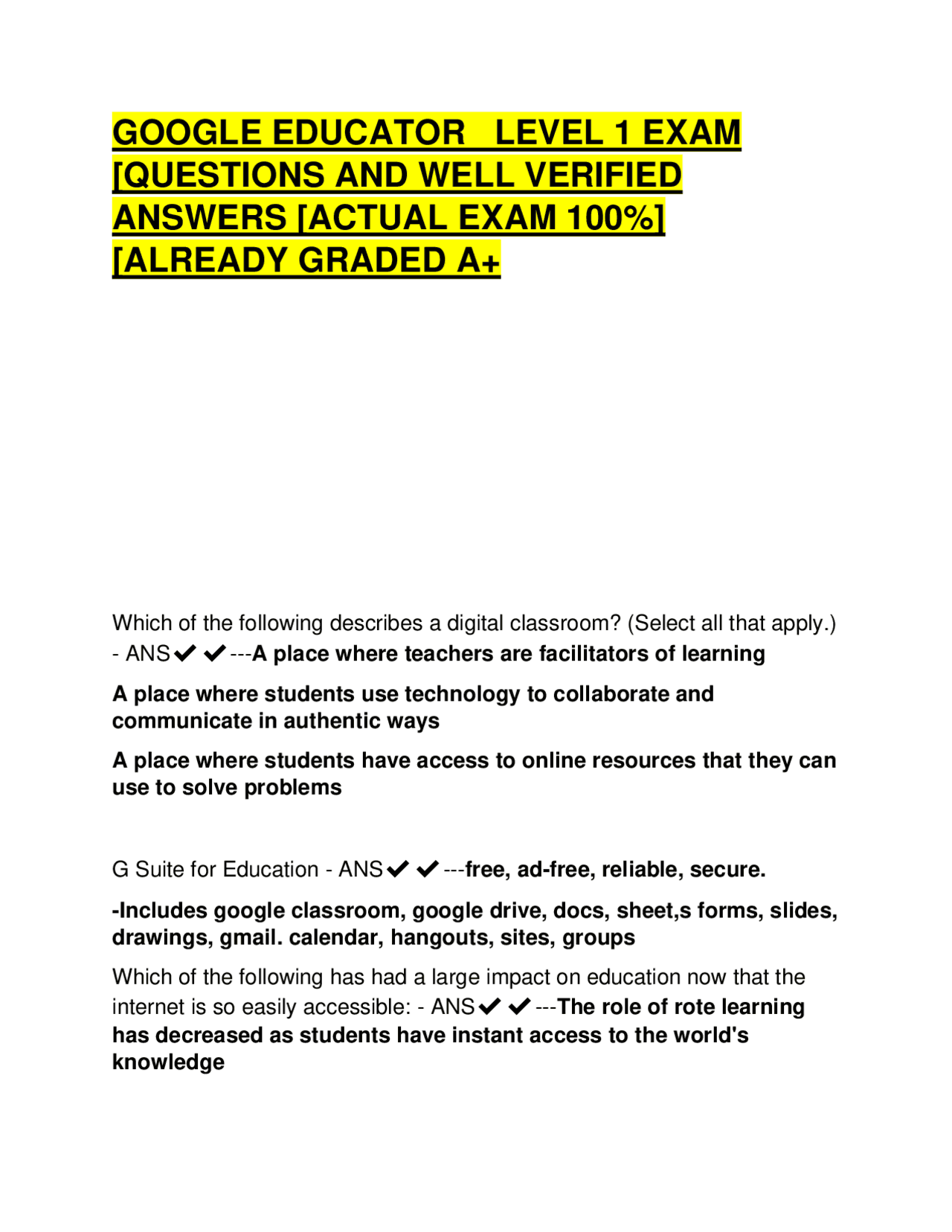 GOOGLE EDUCATOR LEVEL 1 EXAM [QUESTIONS AND WELL VERIFIED ANSWERS ...