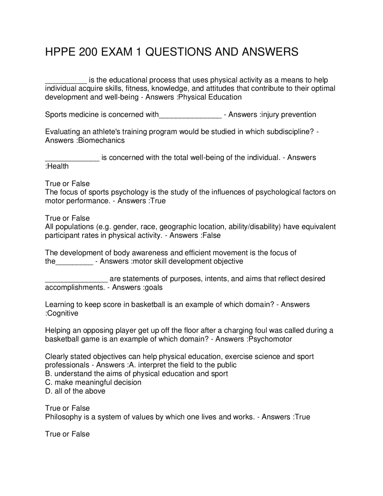 HPPE 200 Exam 1: Physical Education & Sport Guide | Exams Social ...