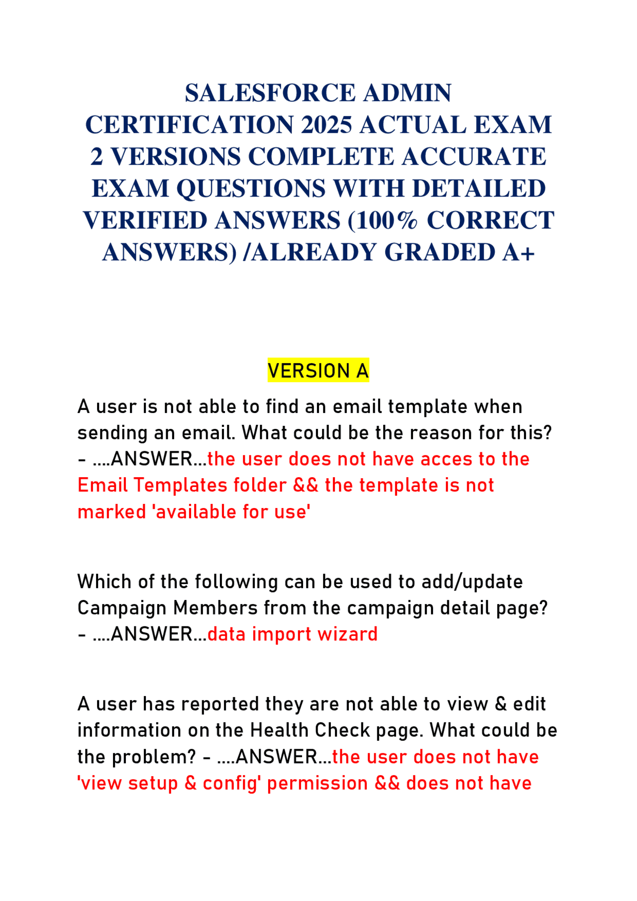 Salesforce Admin Certification 2025 Actual Exam 2 Versions Complete Accurate Exam Exams Sales