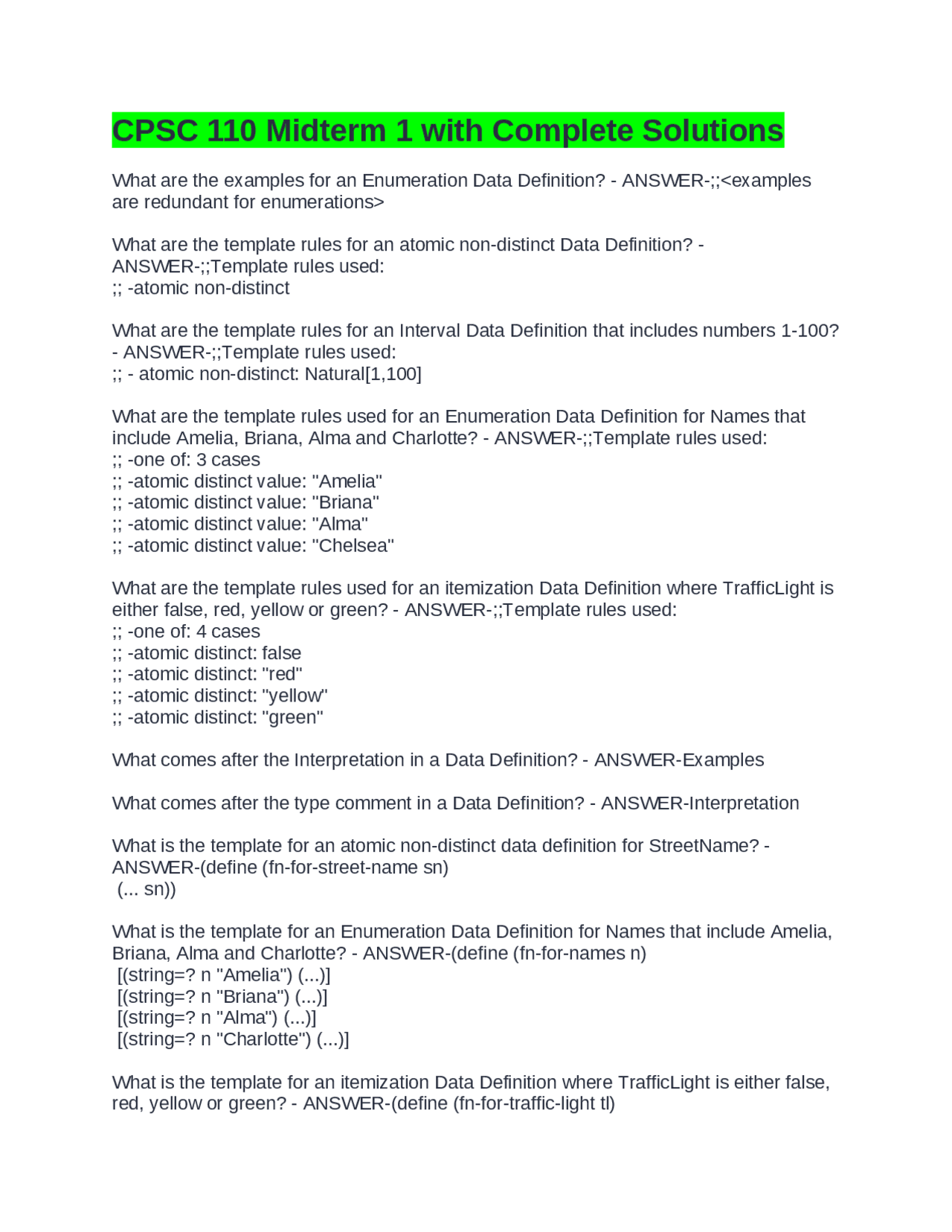 CPSC 110 Midterm 1 with Complete Solutions: Data Definition Exercises and Answers | Exams ...