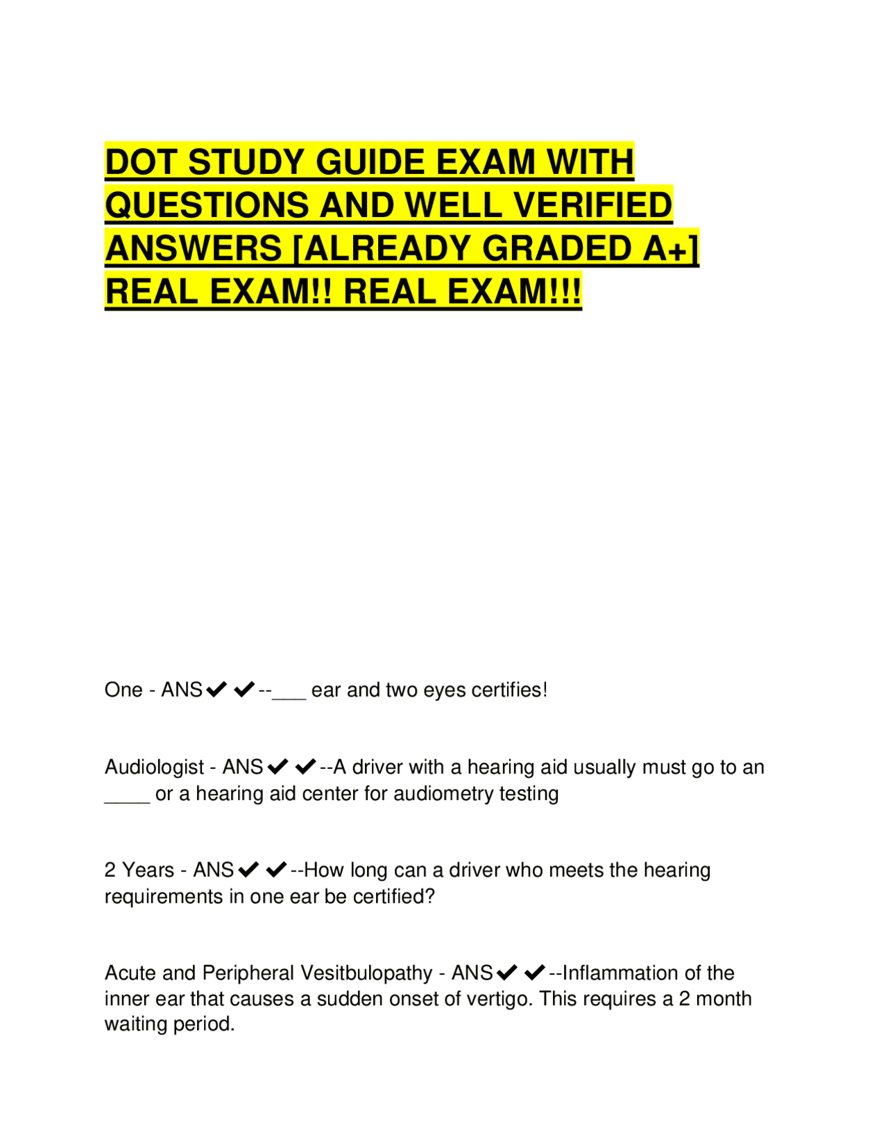 DOT STUDY GUIDE EXAM WITH QUESTIONS AND WELL VERIFIED ANSWERS [ALREADY GRADED A+] REAL | Exams ...
