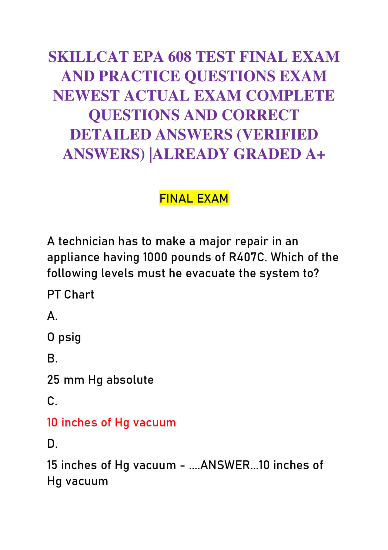 SKILLCAT EPA 608 TEST FINAL EXAM AND PRACTICE QUESTIONS EXAM NEWEST ...