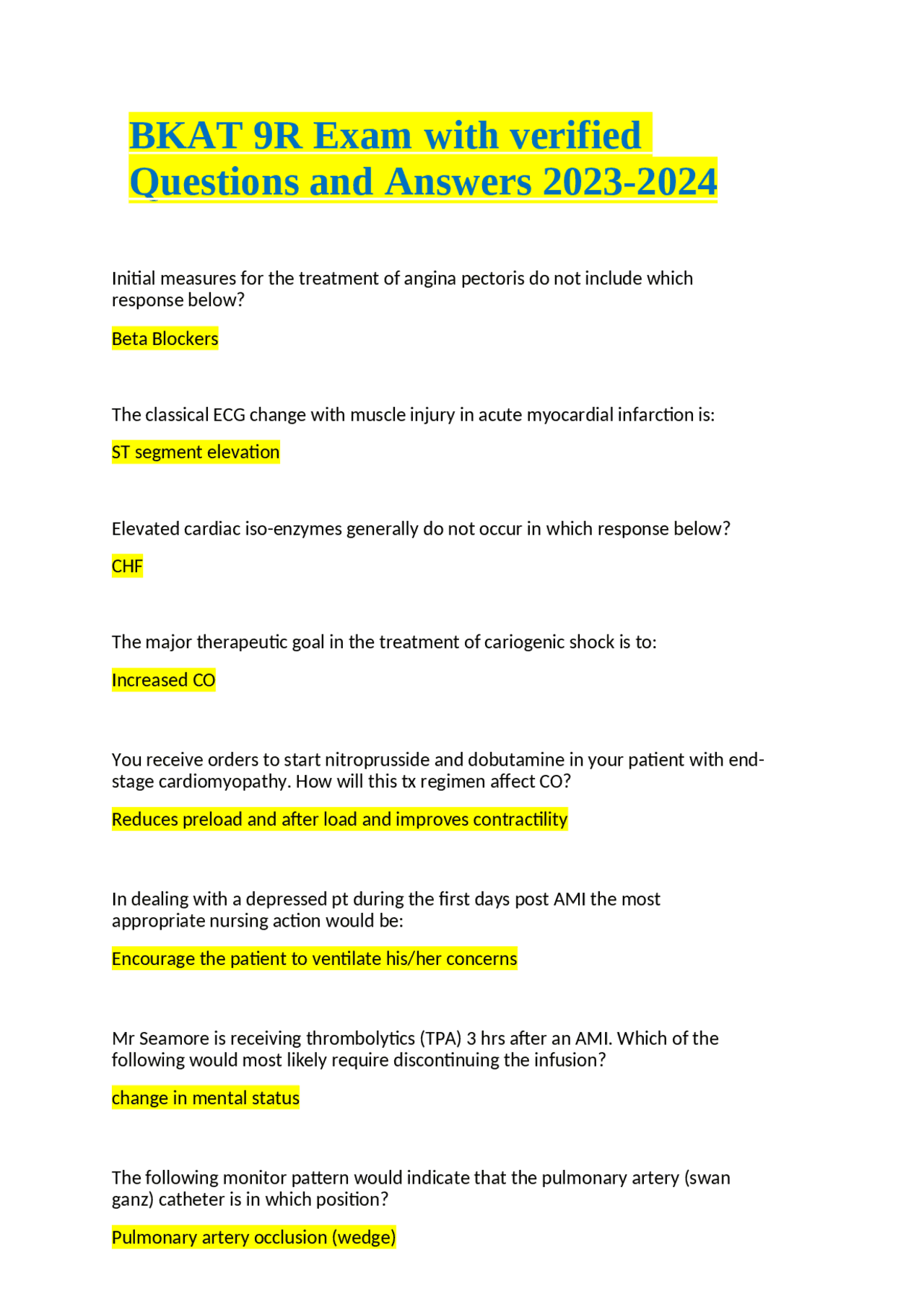 BKAT 9R Exam: Cardiovascular System Questions and Answers | Exams ...