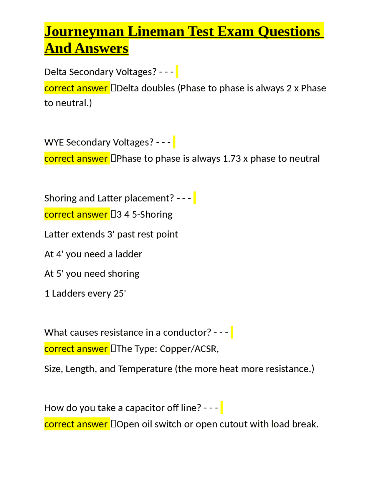 Journeyman Lineman Test Exam Questions And Answers | Exams Electronics ...