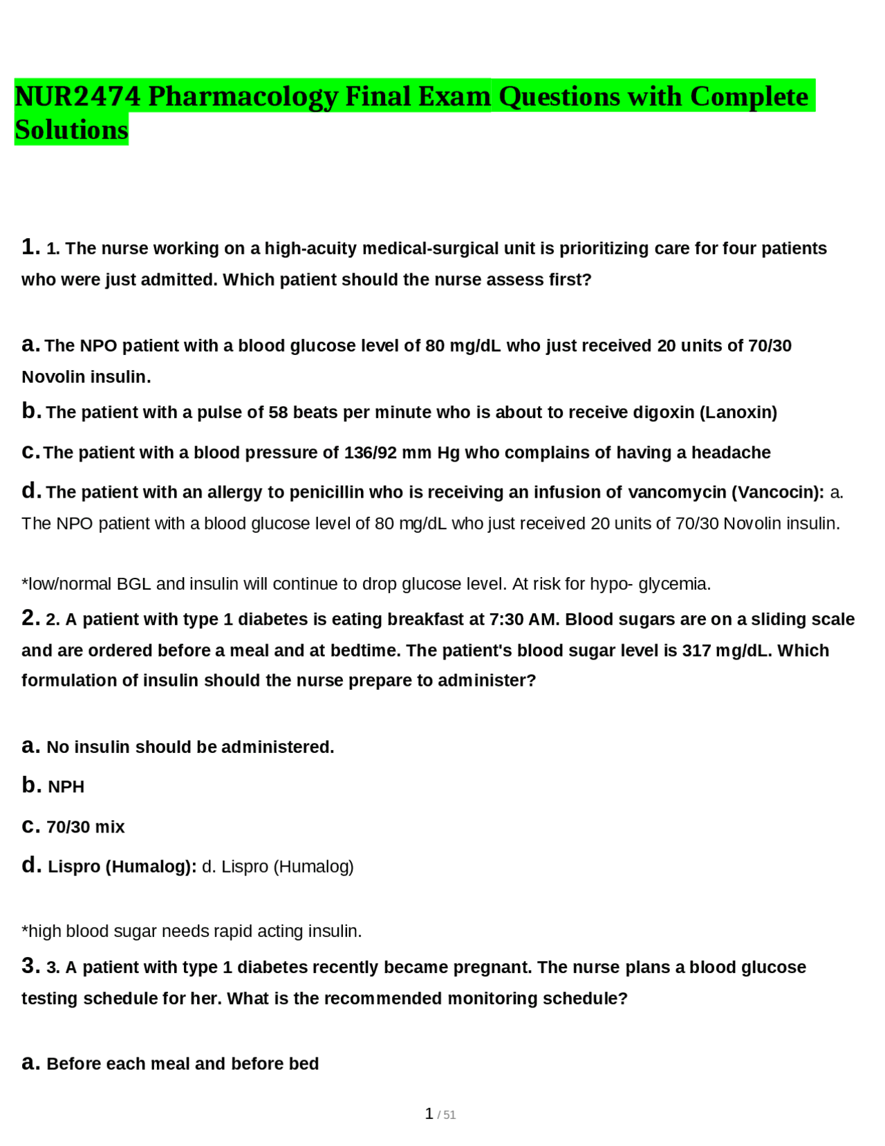 NUR2474 Pharmacology Final Exam Questions with Complete Solutions ...