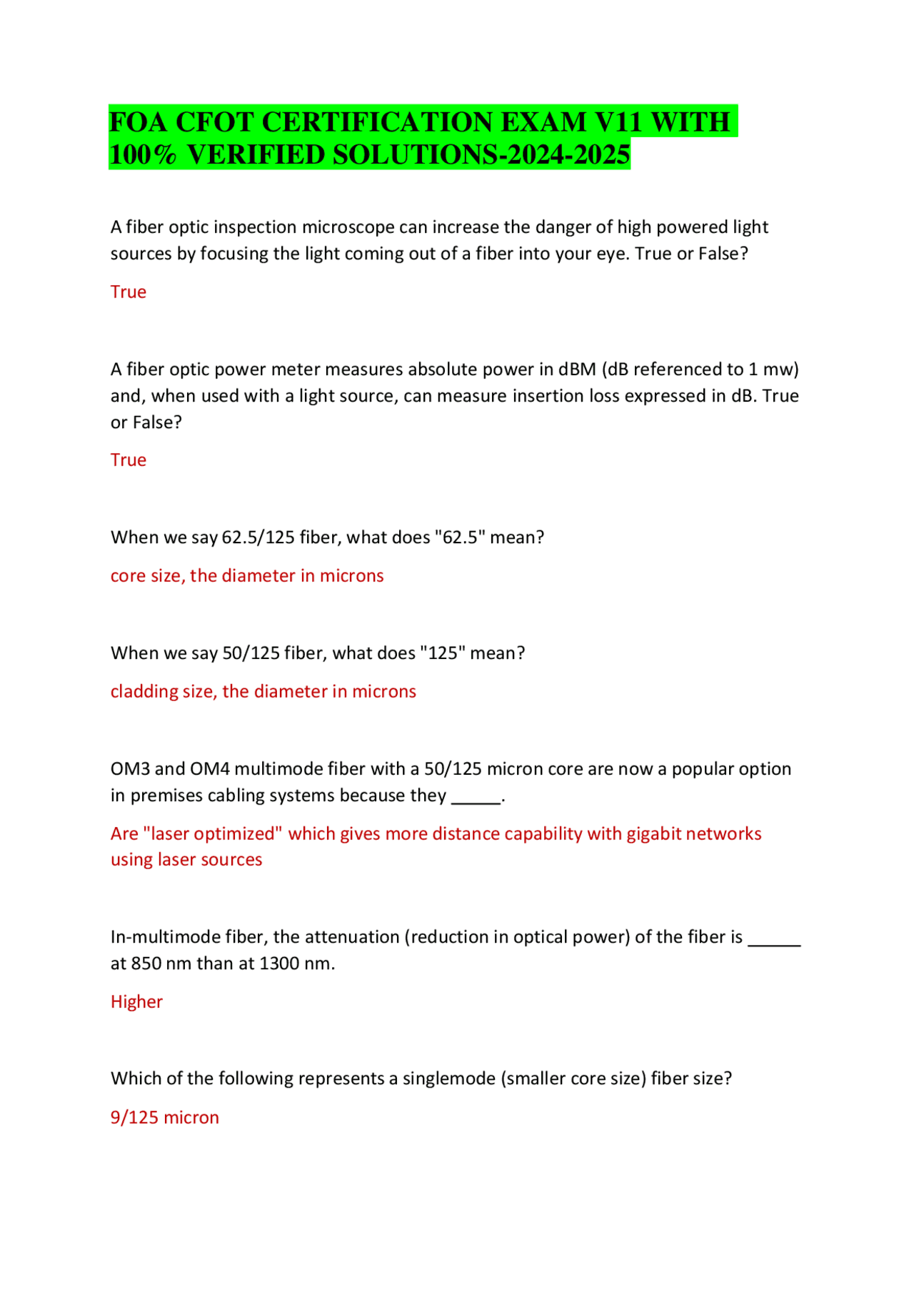Fiber Optic Certification Exam: Comprehensive Guide with Solutions ...
