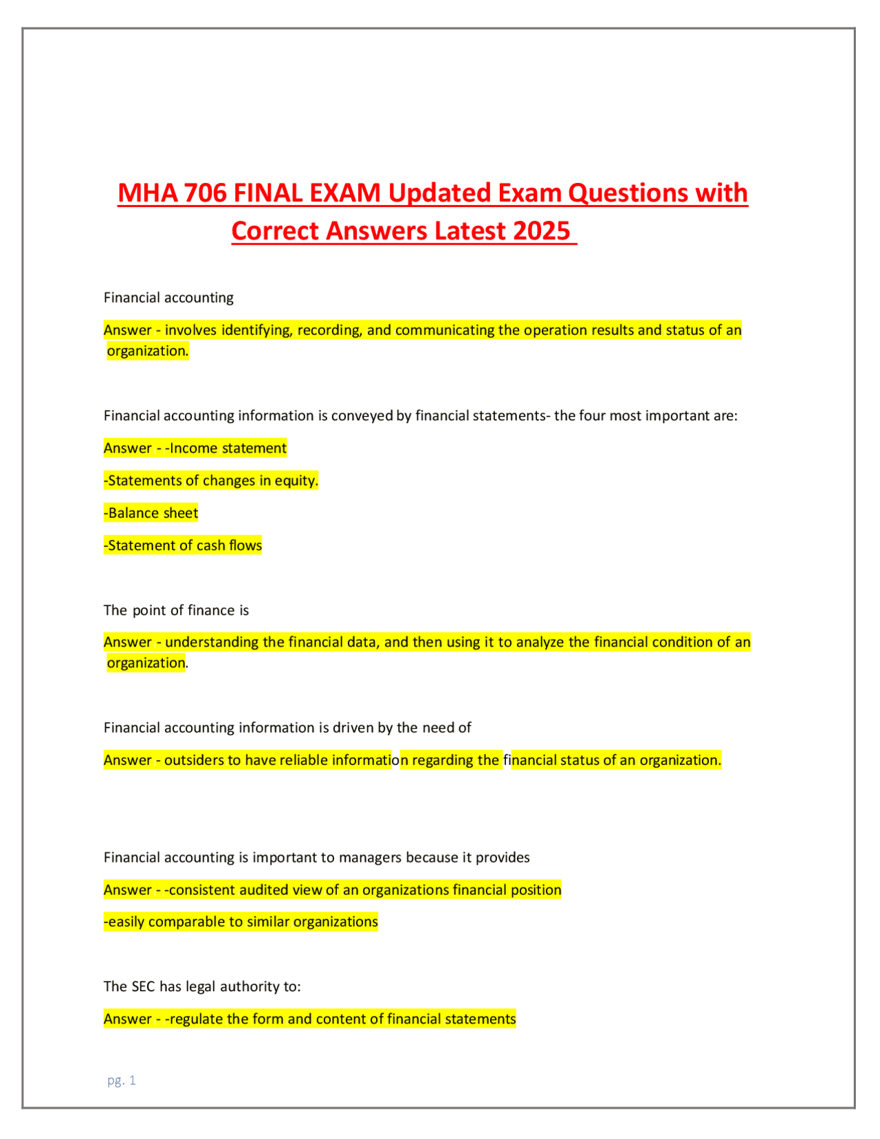 MHA 706 FINAL EXAM Updated Exam Questions with Correct Answers Latest ...
