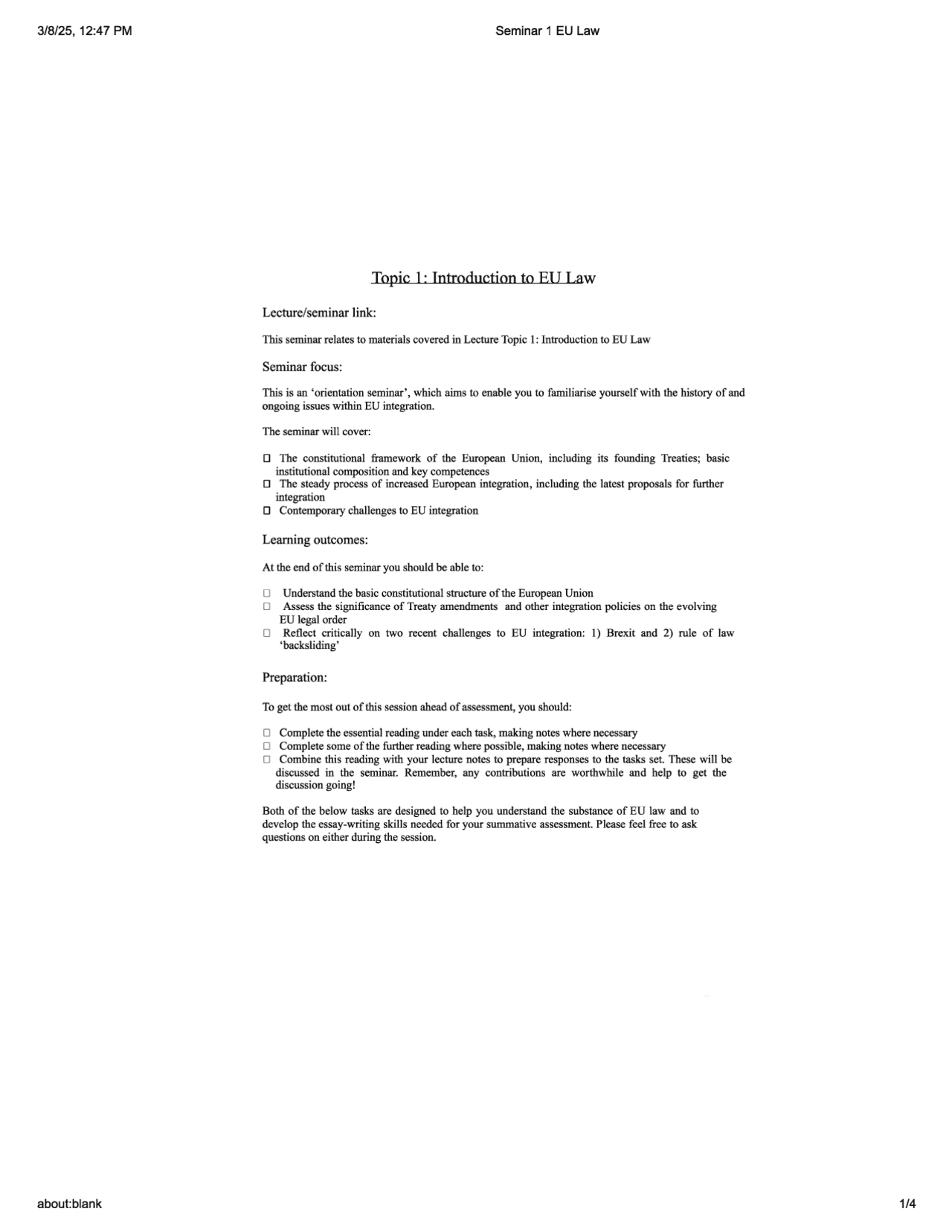 Seminar 1 EU Law notes | Lecture notes European Union law | Docsity