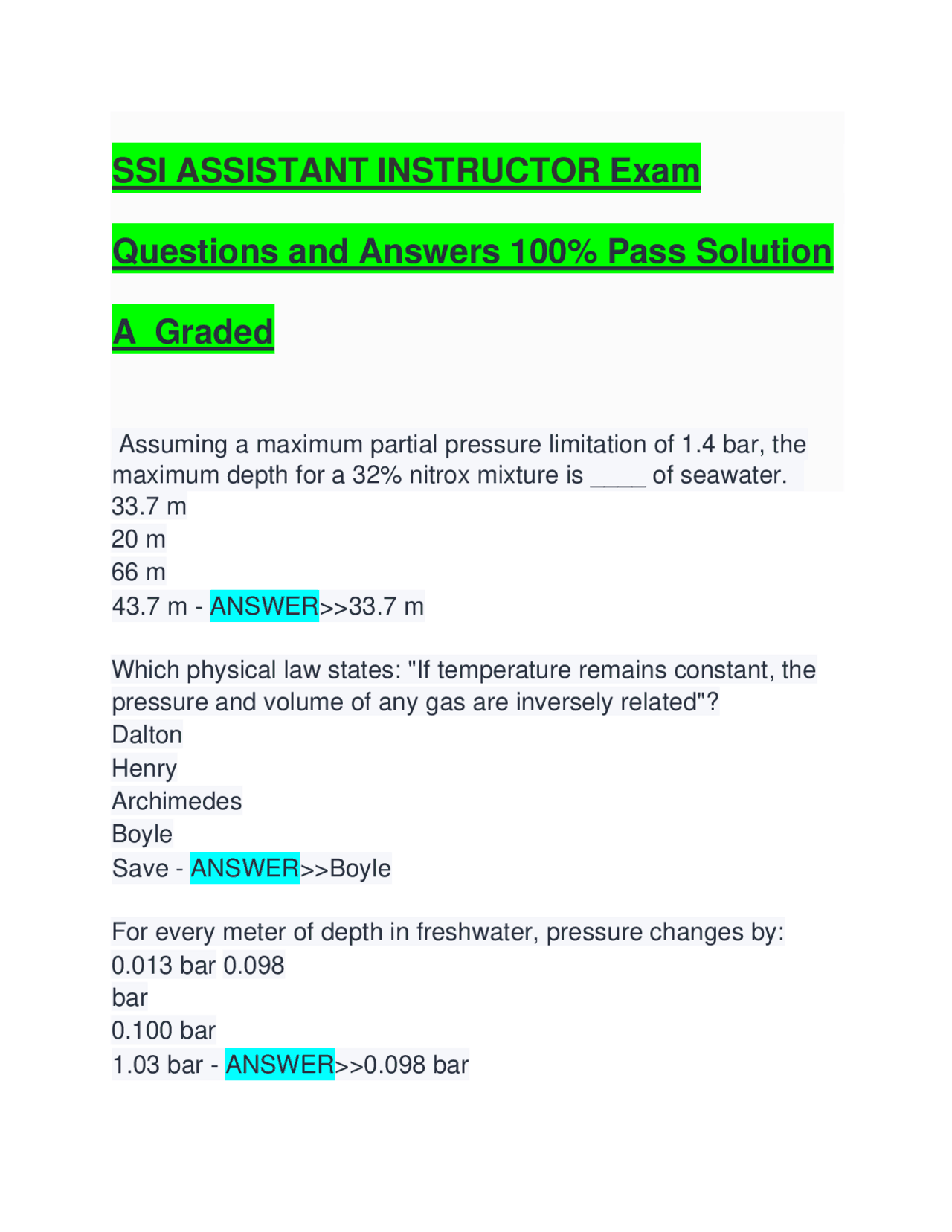 SSI ASSISTANT INSTRUCTOR Exam Questions and Answers 100% Pass Solution ...