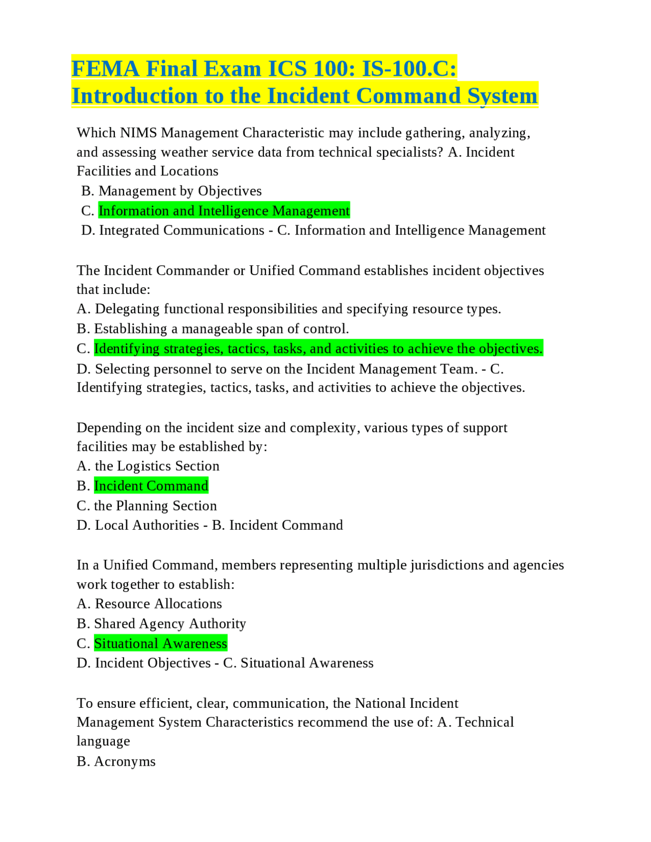 FEMA Final Exam ICS 100-IS-100.C Introduction to the Incident Command ...