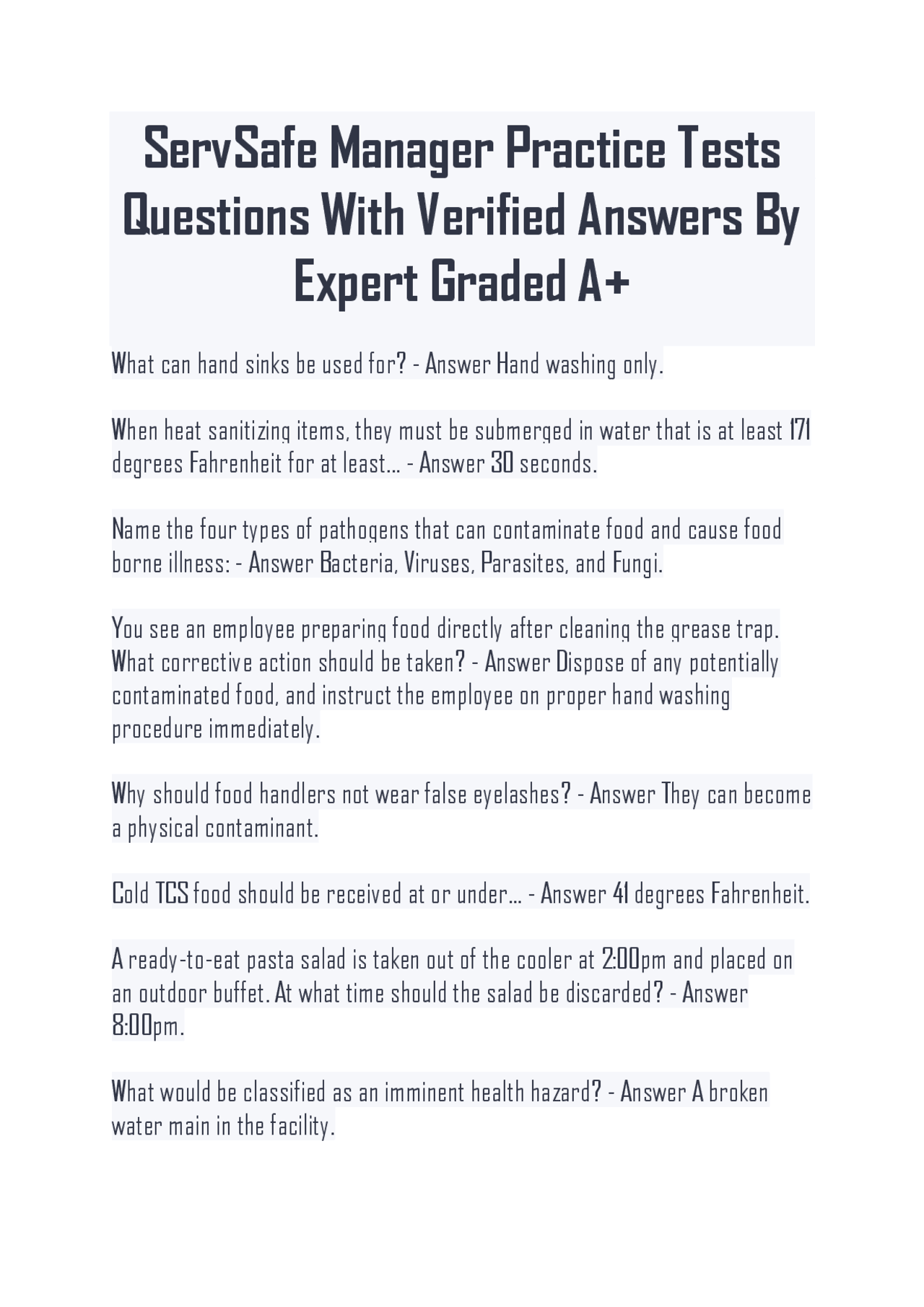 ServSafe Manager Practice Tests Questions With Verified Answers By ...