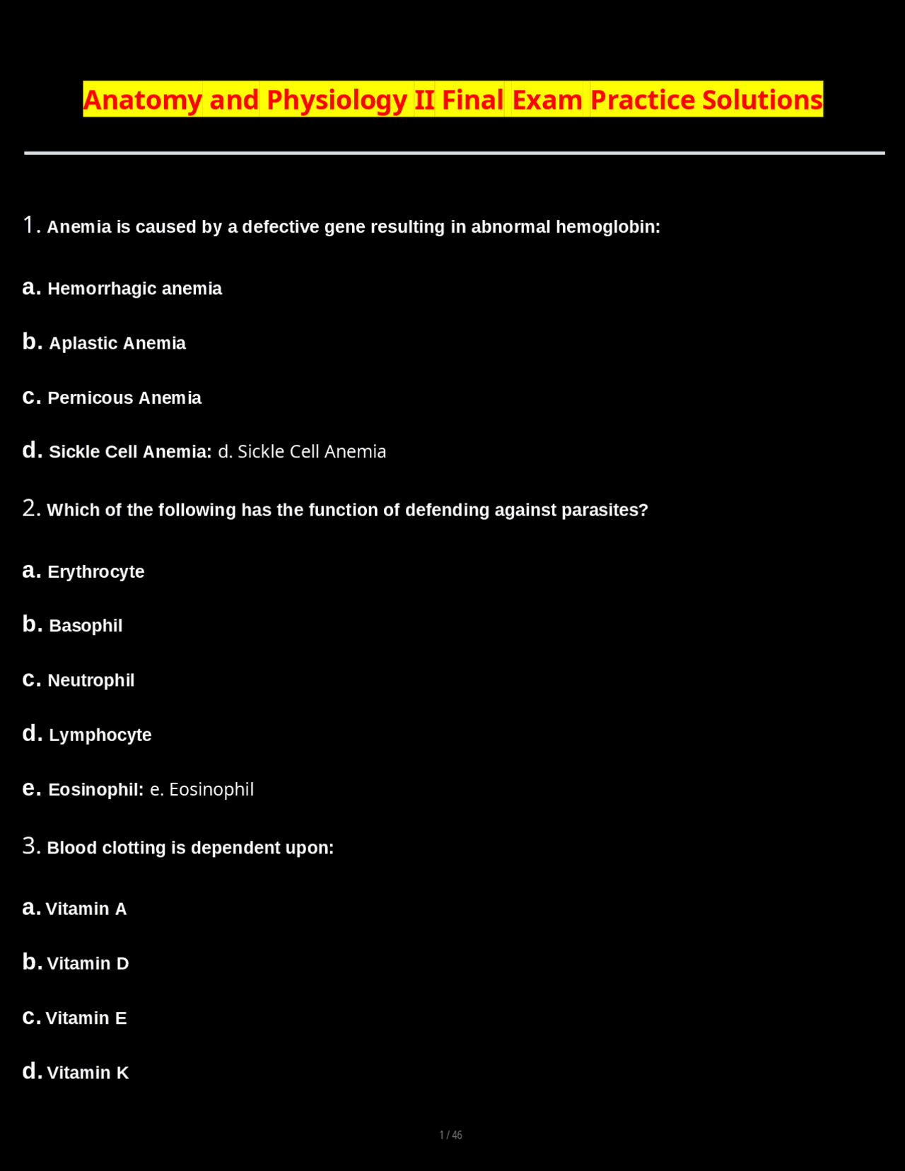 Anatomy and Physiology II Final Exam Practice Solutions | Exams Human Physiology | Docsity