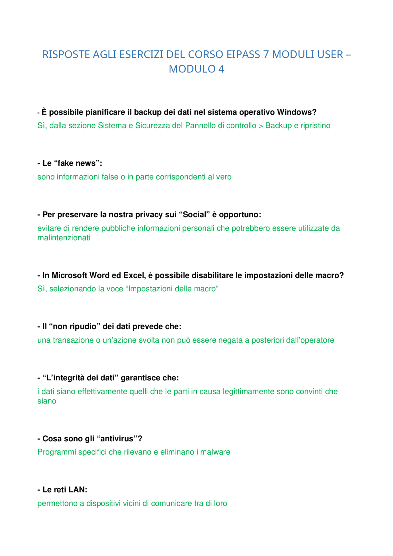 MODULO 4 - Eipass 7 moduli User - Risposte esercizi ed esame 2025 | Prove d'esame di Elementi di ...