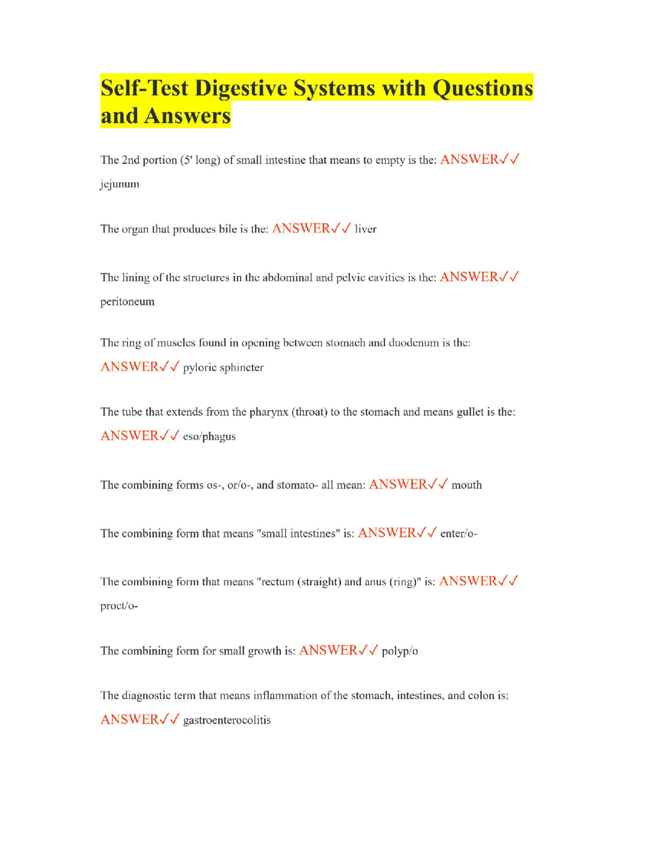 Self-Test Digestive Systems with Questions and Answers | Exams Nursing ...