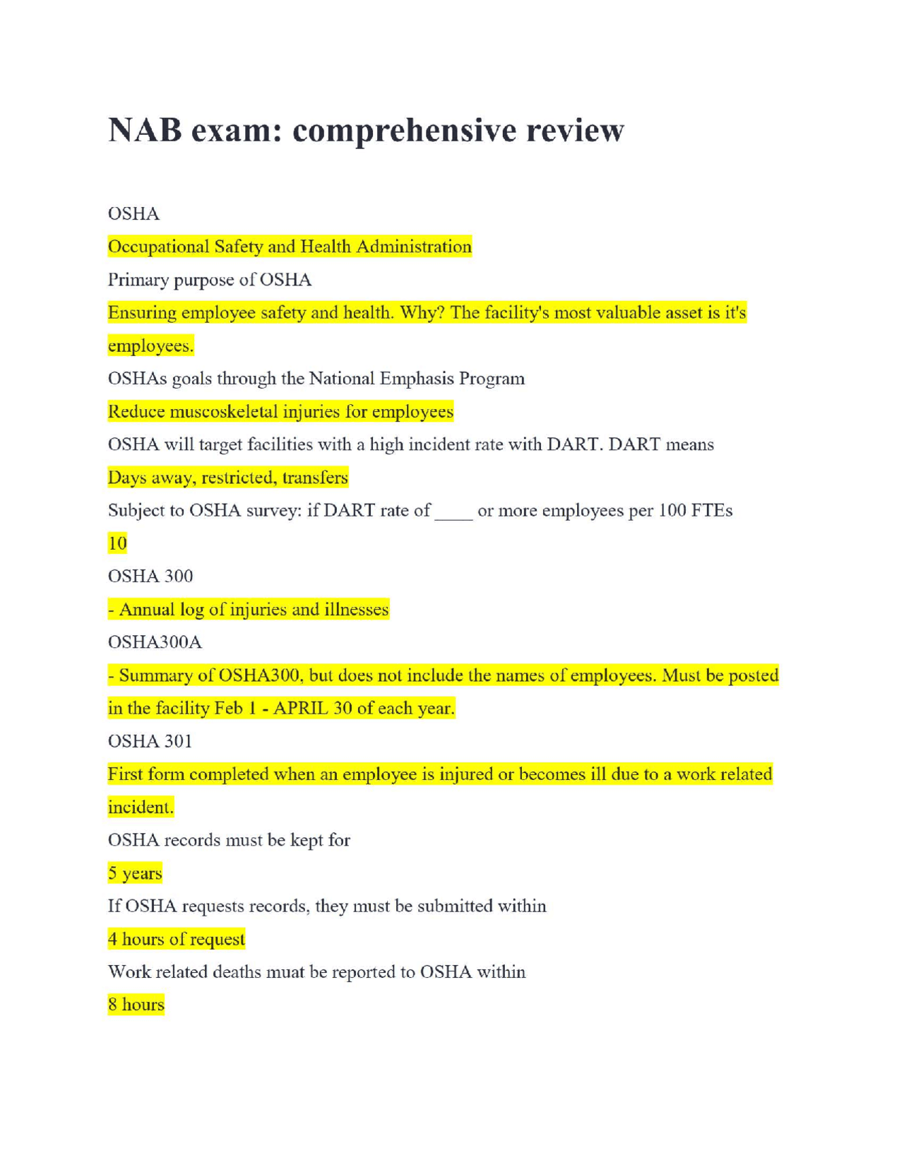 NAB exam: comprehensive review | Exams Nursing | Docsity