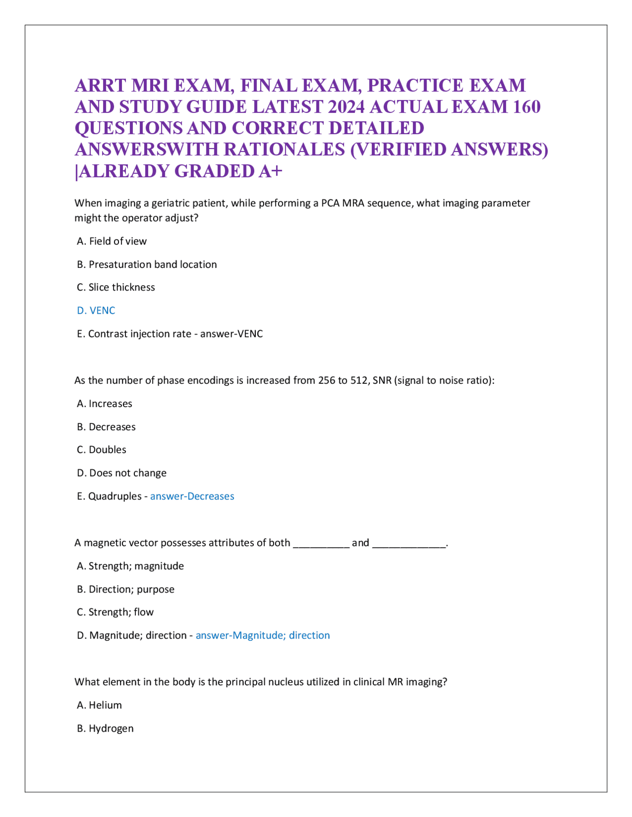 ARRT MRI EXAM, FINAL EXAM, PRACTICE EXAM AND STUDY GUIDE LATEST 2024 ...