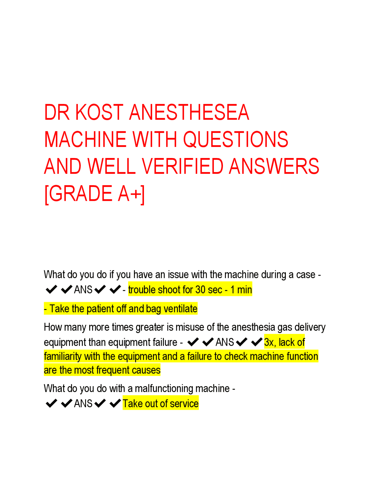 DR KOST ANESTHESEA MACHINE WITH QUESTIONS AND WELL VERIFIED ANSWERS ...