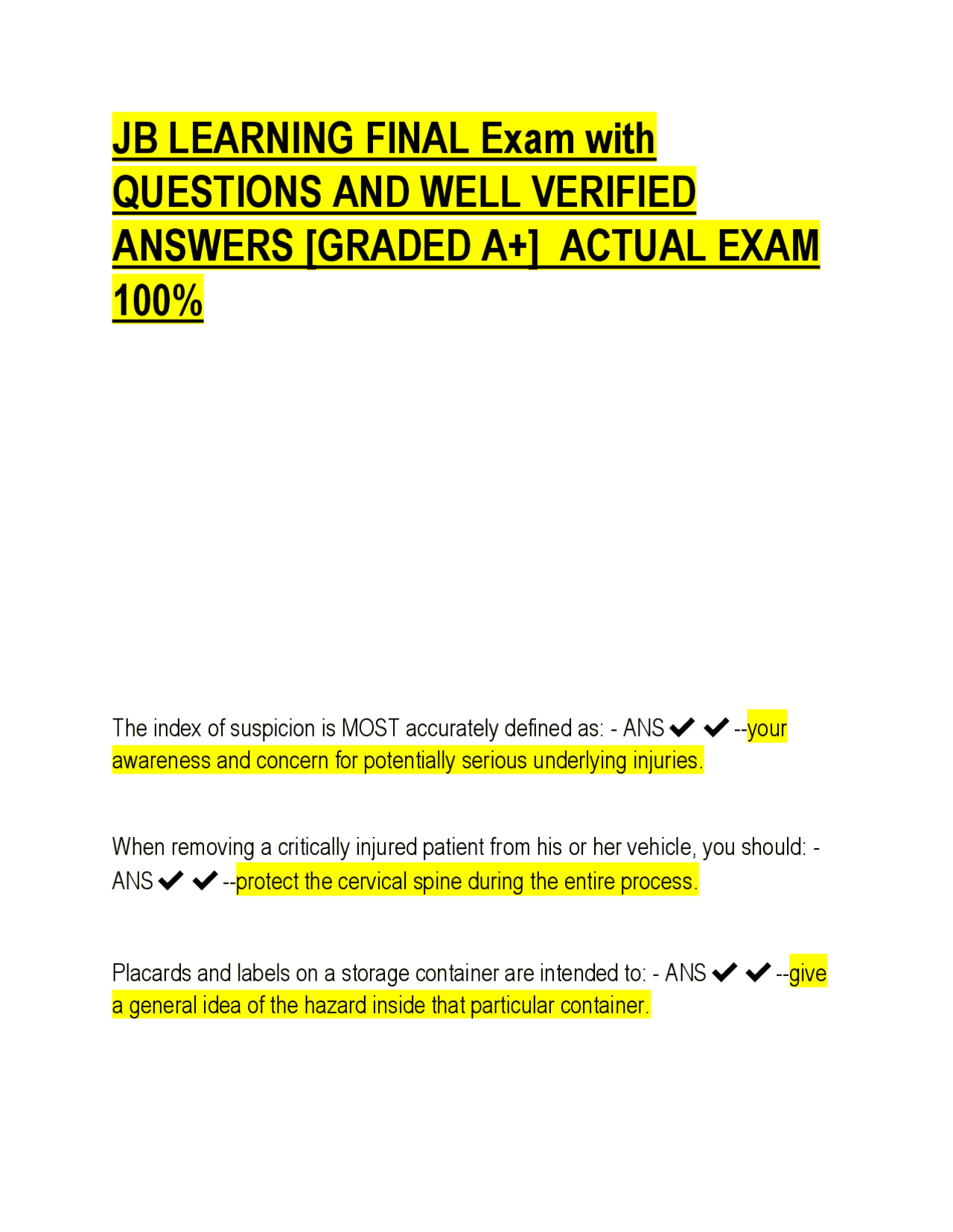 JB LEARNING FINAL Exam with QUESTIONS AND WELL VERIFIED ANSWERS [GRADED ...