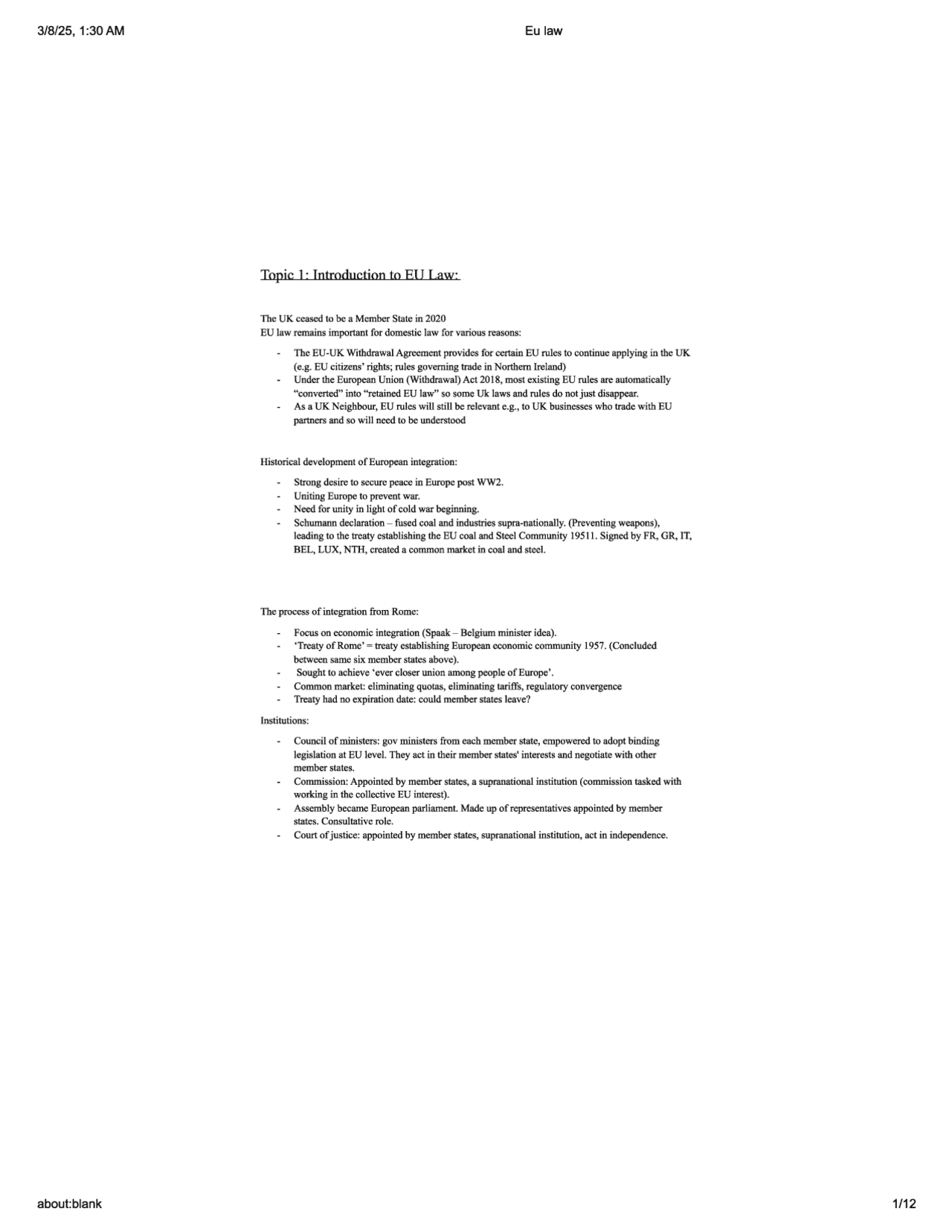 Eu law-European lectures notes | Lecture notes European Union law | Docsity