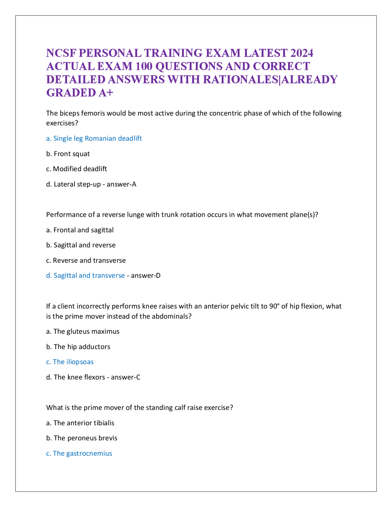 NCSF PERSONAL TRAINING EXAM LATEST 2024 ACTUAL EXAM 100 QUESTIONS AND ...