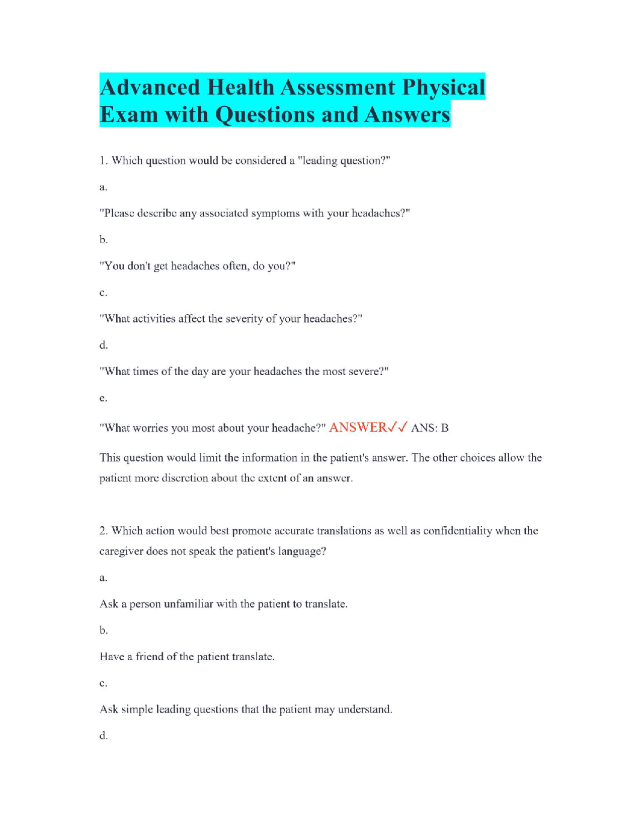 Advanced Health Assessment Physical Exam with Questions and Answers ...