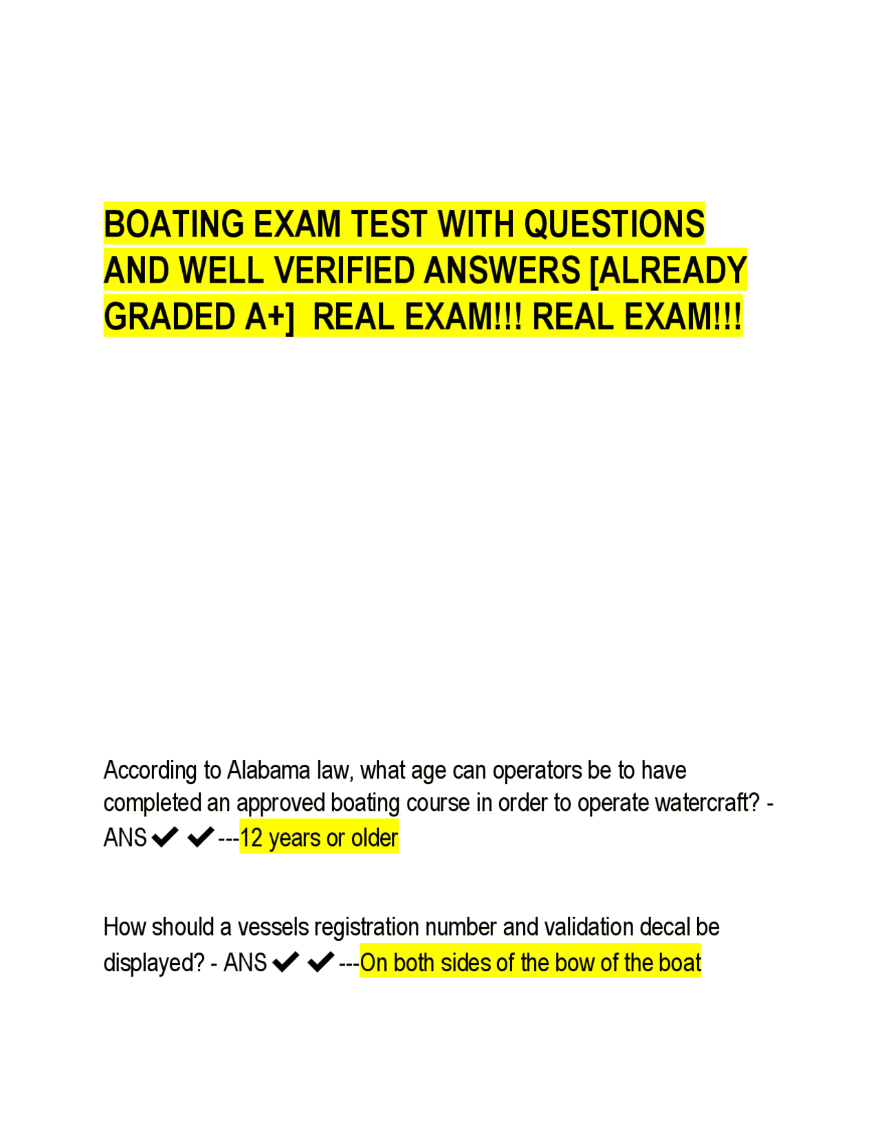 BOATING EXAM TEST WITH QUESTIONS AND WELL VERIFIED ANSWERS [ALREADY ...