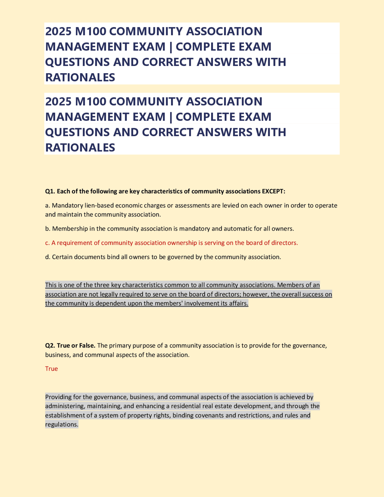 2025 M100 COMMUNITY ASSOCIATION MANAGEMENT EXAM COMPLETE EXAM | Exams ...