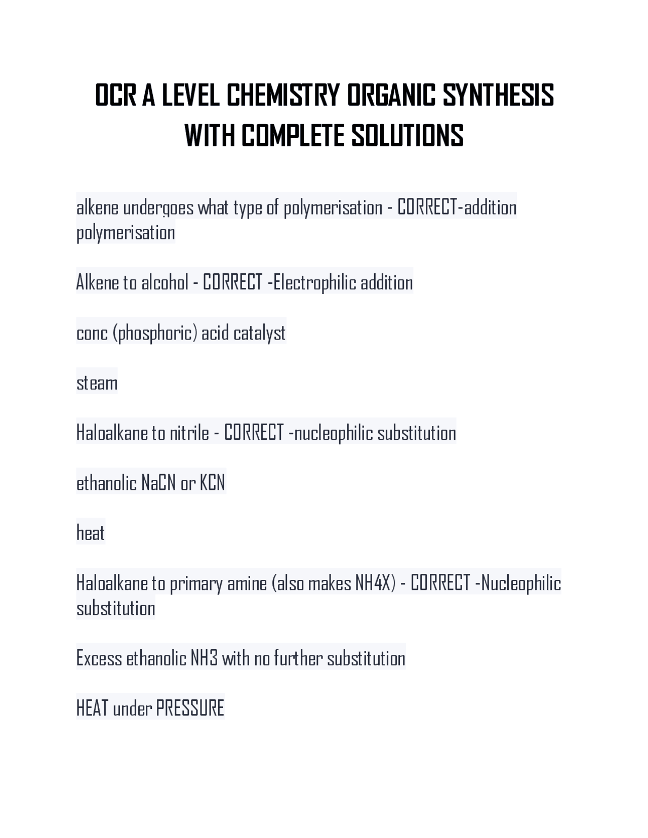 OCR A Level Chemistry Organic Synthesis Exercises with Solutions ...