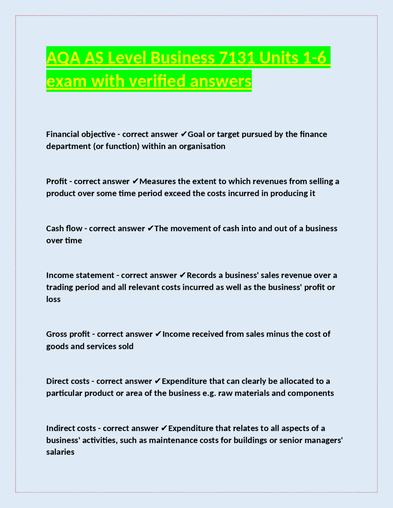 AQA AS Level Business 7131 Units 1-6 exam with verified answers | Exams ...