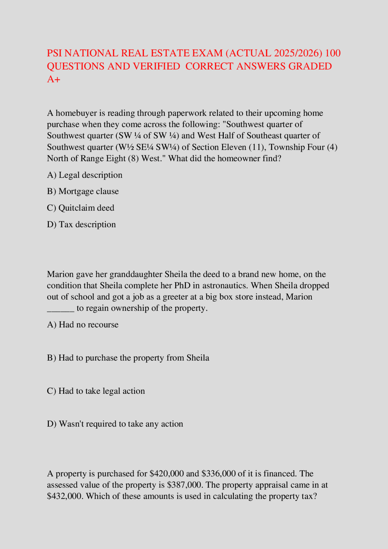 PSI NATIONAL REAL ESTATE EXAM (ACTUAL 2025/2026) 100 QUESTIONS AND ...