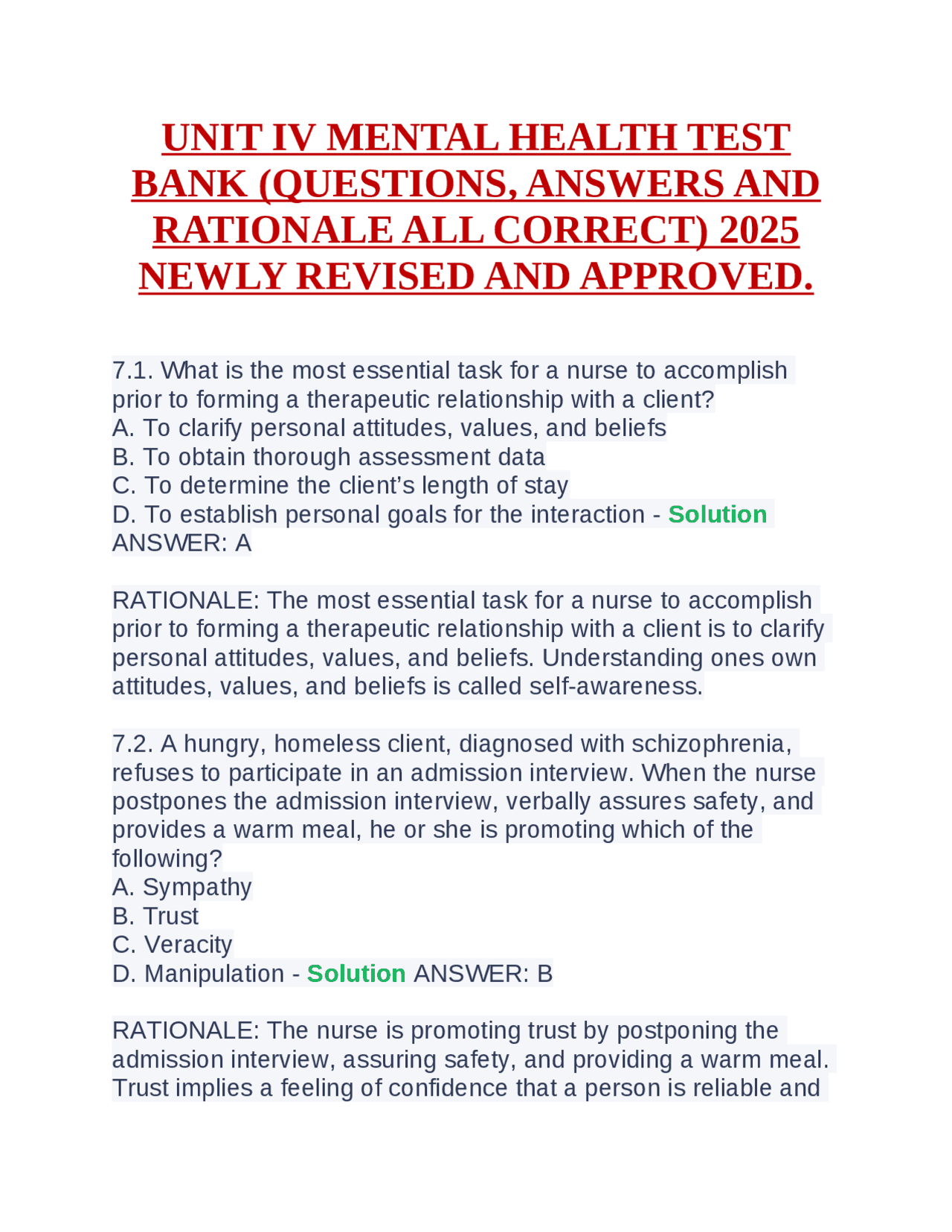 Mental Health Nursing: Therapeutic Relationship Development - Questions ...
