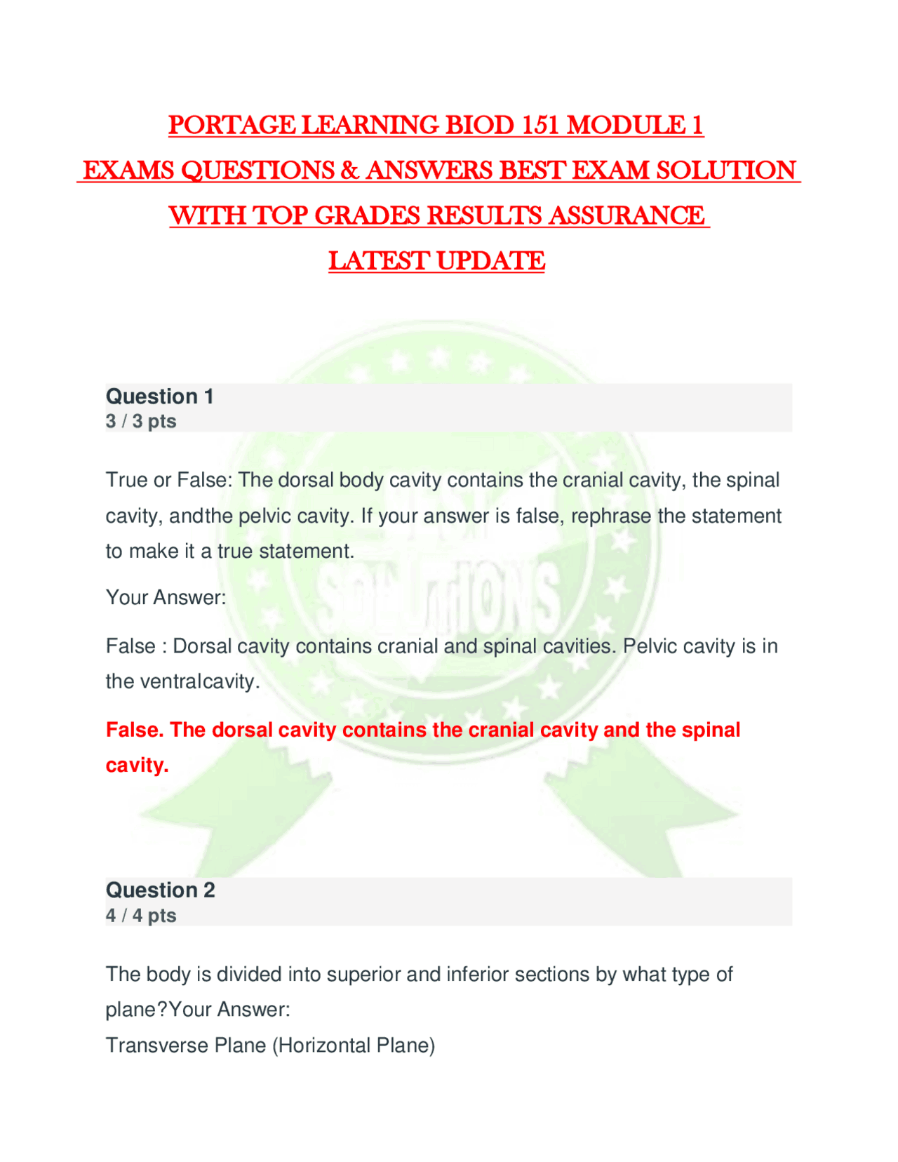 PORTAGE LEARNING BIOD 151 MODULE 1 EXAMS QUESTIONS & ANSWERS BEST EXAM ...