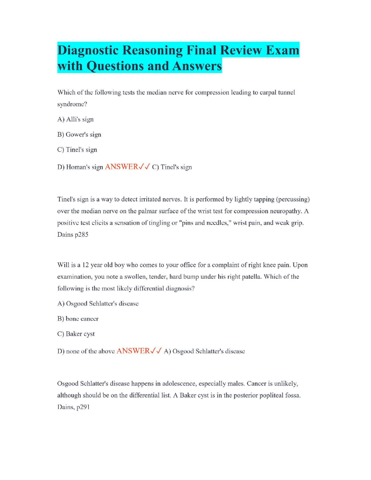 Diagnostic Reasoning Final Review Exam with Questions and Answers ...