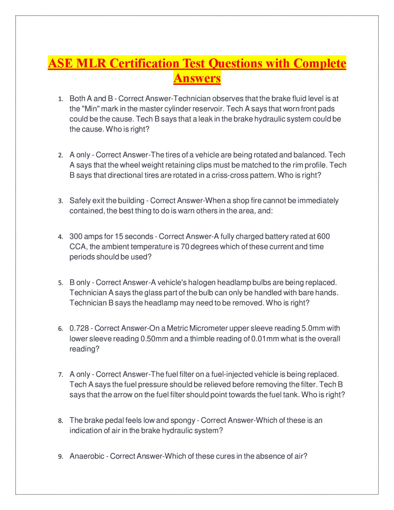 ASE MLR Certification Test Questions with Complete Answers | Exams ...