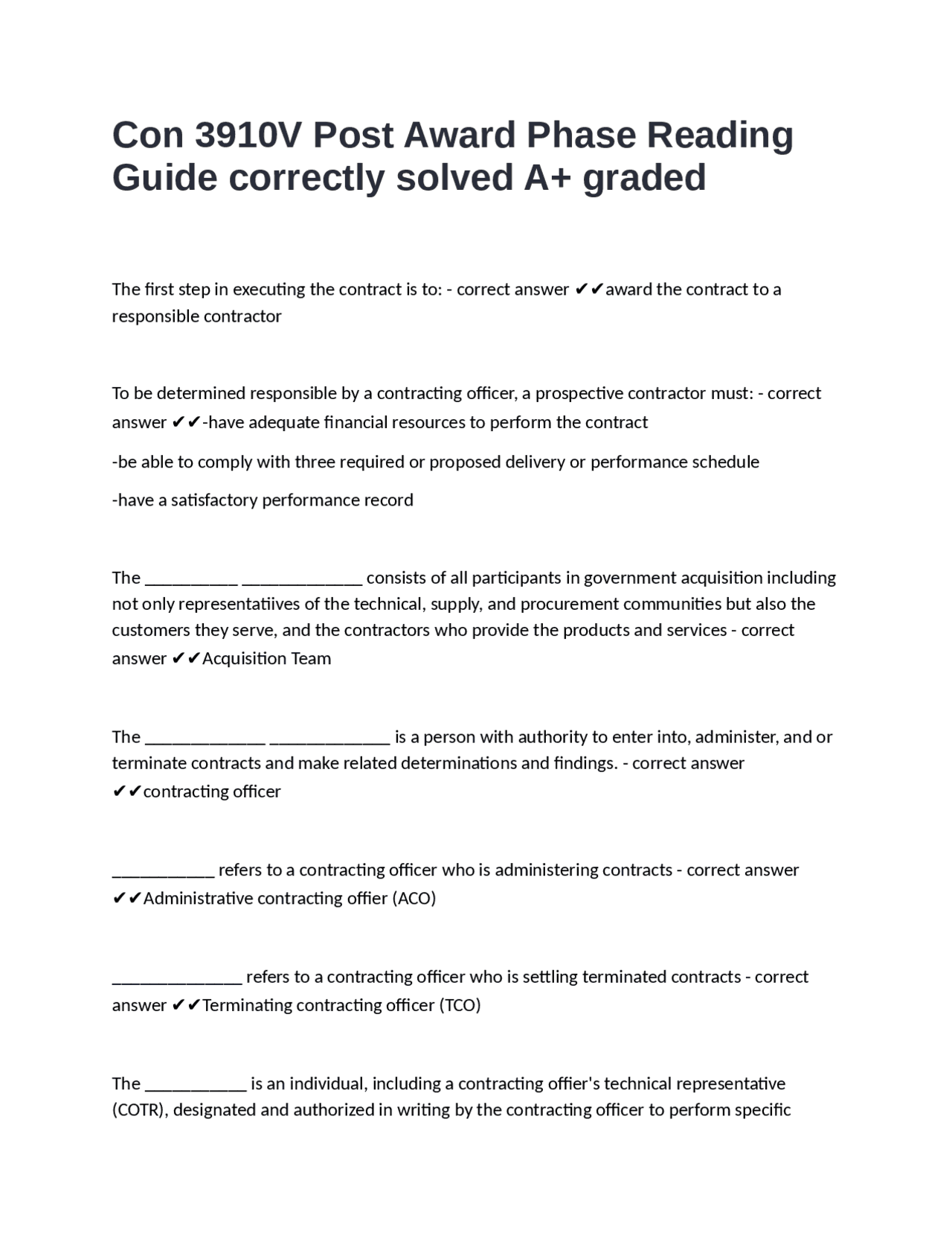Con 3910V Post Award Phase Reading Guide correctly solved A+ graded -11 ...