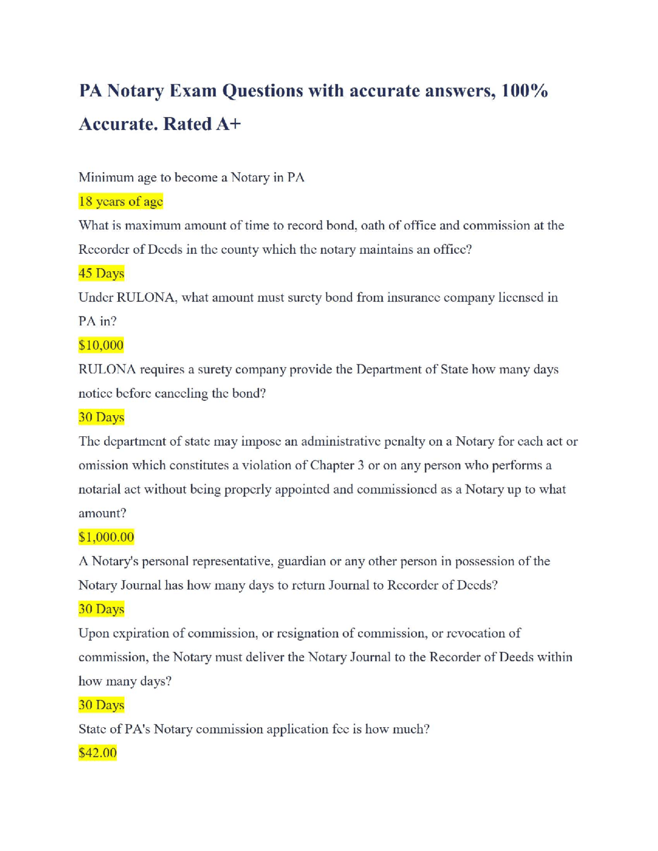 PA Notary Exam Questions with accurate answers, 100% Accurate. Rated A+ ...