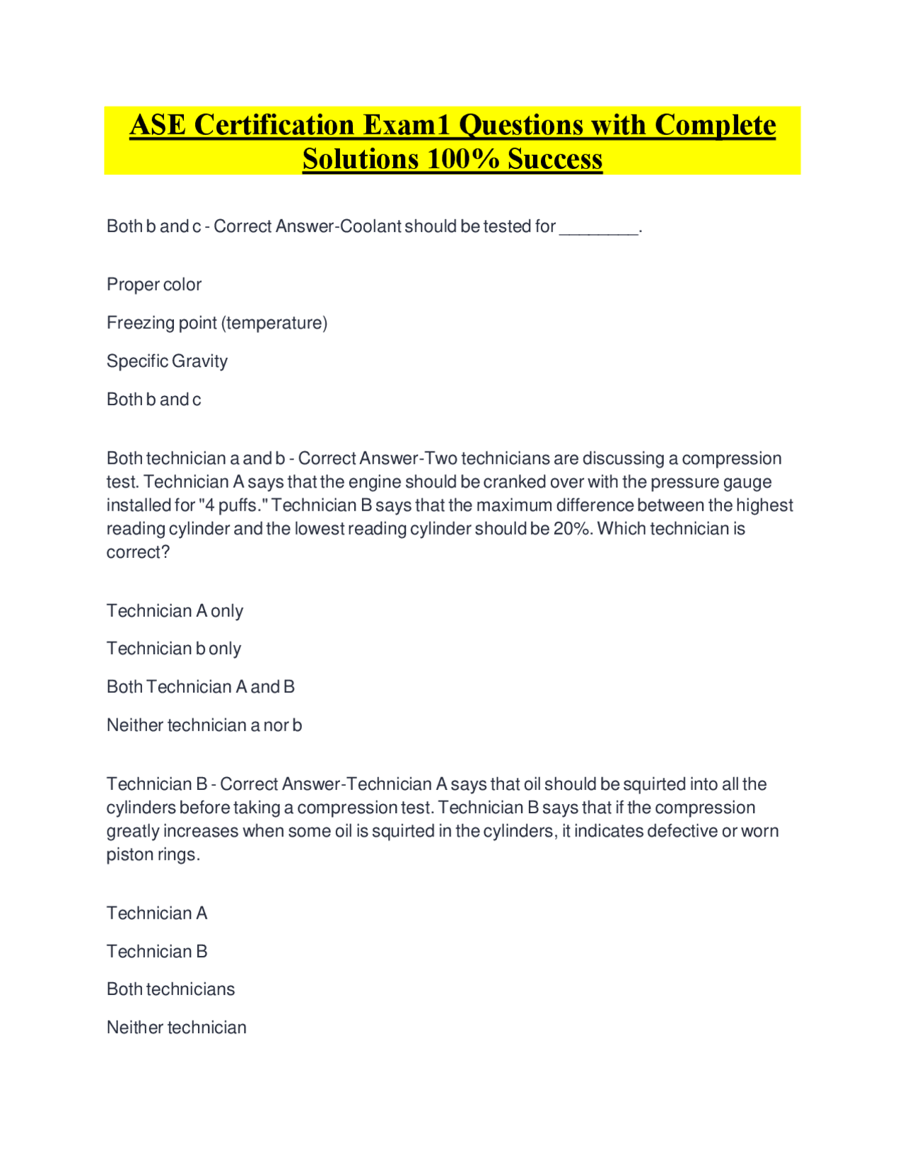 ASE Certification Exam1 Questions with Complete Solutions 100% Success ...