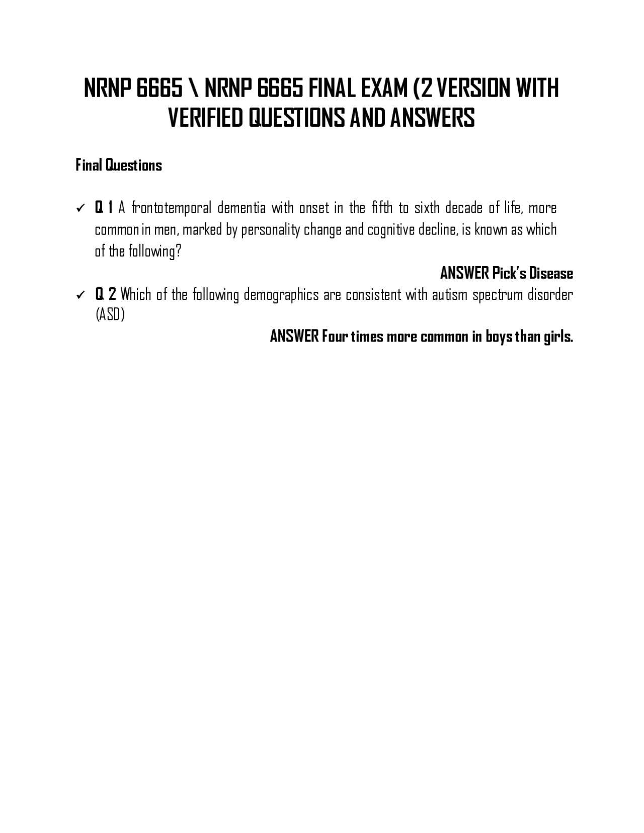 NRNP 6665 \ NRNP 6665 FINAL EXAM (2 VERSION WITH VERIFIED QUESTIONS AND ANSWERS | Exams Nursing ...