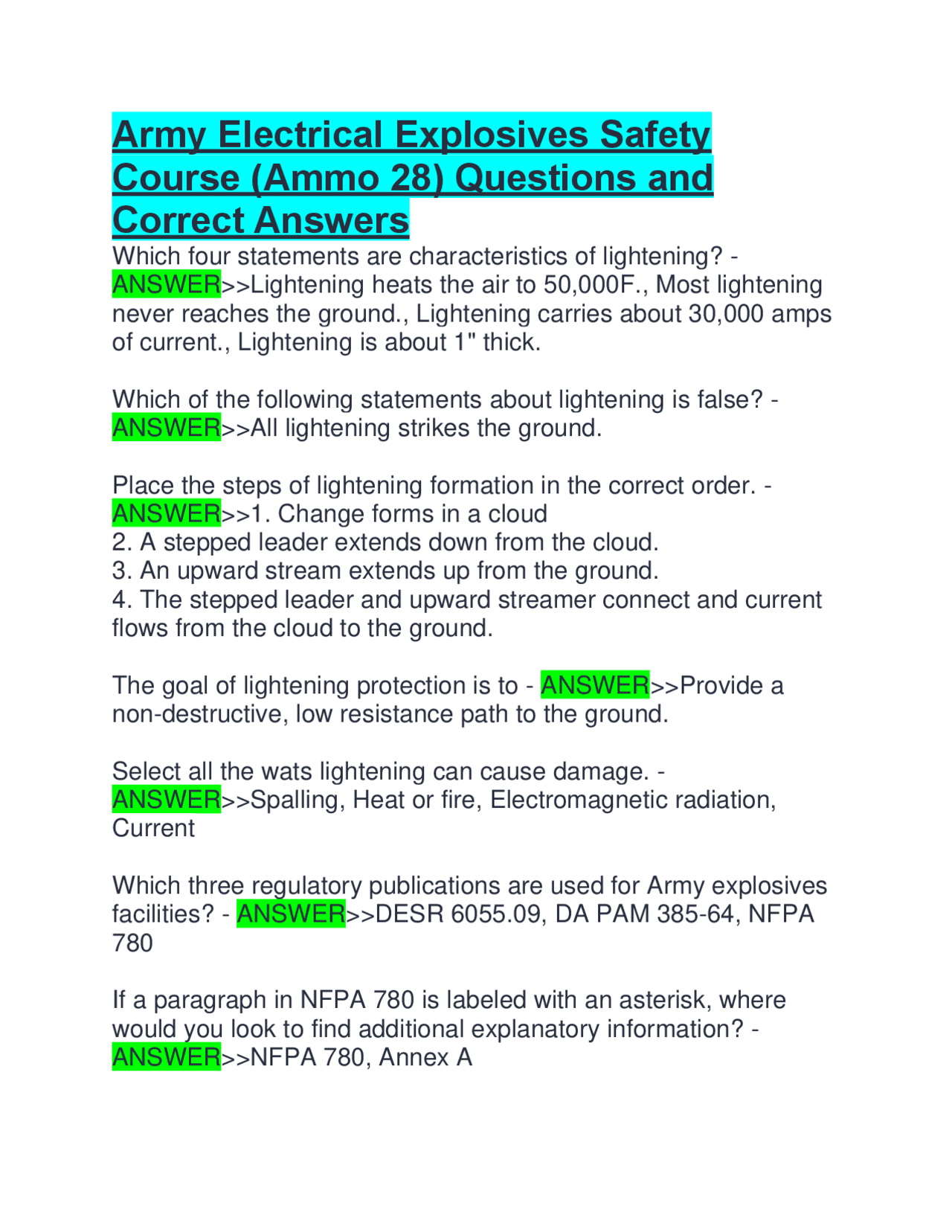 Army Electrical Explosives Safety Course (Ammo 28) Questions and ...