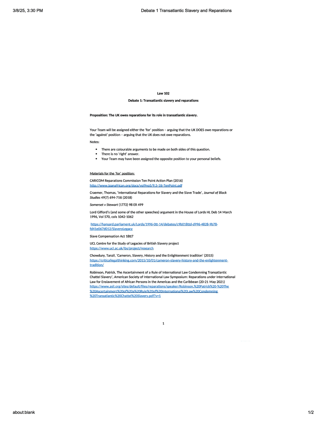 Debate 1 Transatlantic Slavery and Reparations | Papers Law | Docsity
