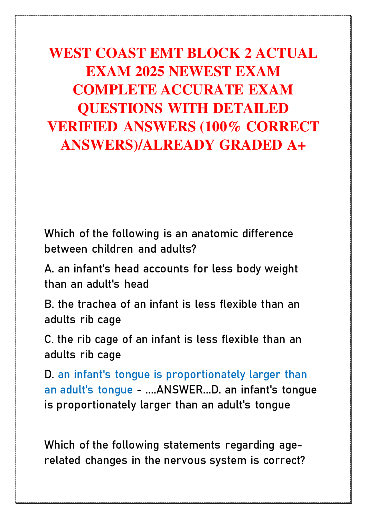 WEST COAST EMT BLOCK 2 ACTUAL EXAM 2025 NEWEST EXAM COMPLETE ACCURATE ...