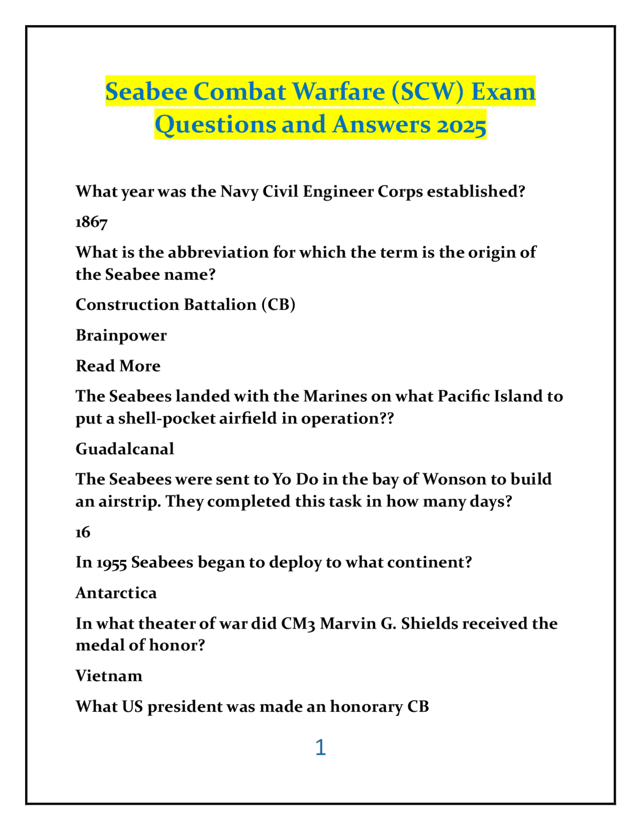 Seabee Combat Warfare (SCW) Exam Questions and Answers 2025 | Exams ...