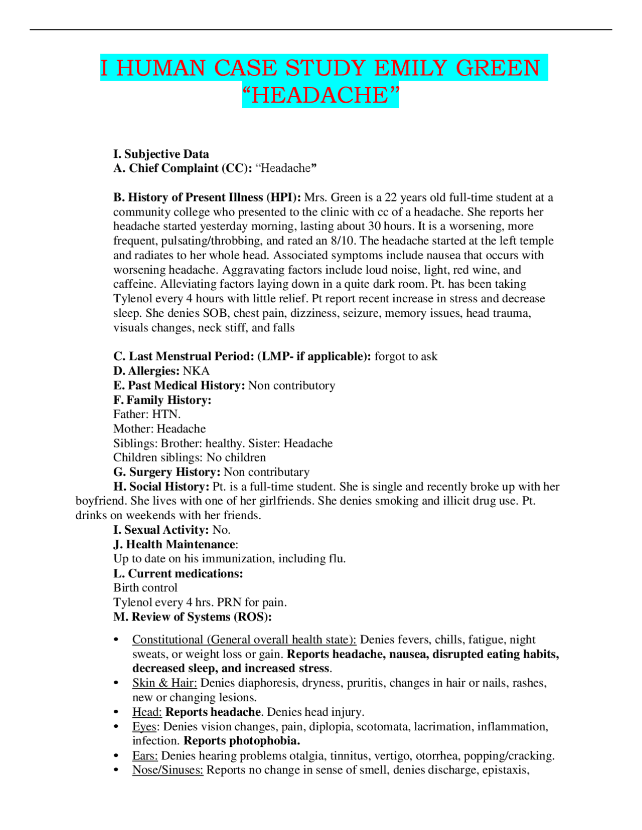 I HUMAN CASE STUDY EMILY GREEN “HEADACHE’’. | Exams Nursing | Docsity