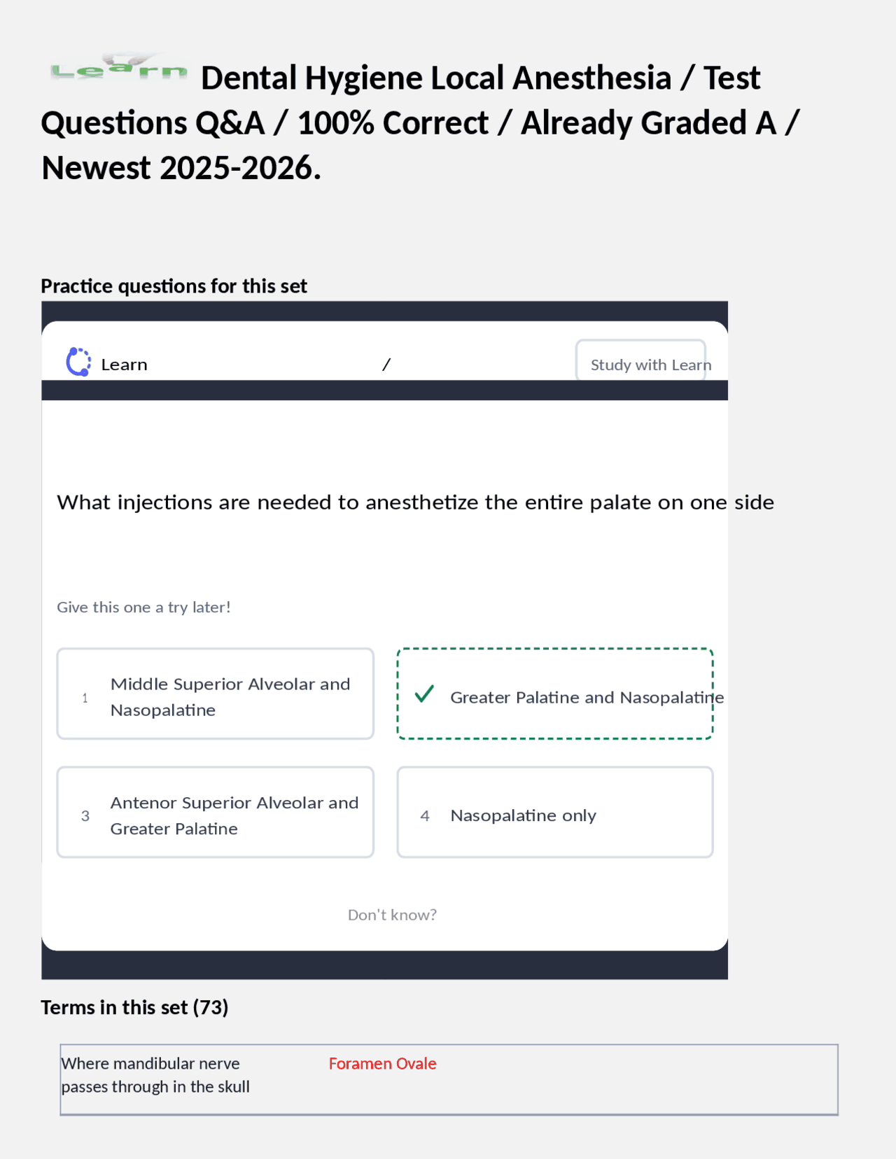 Dental Hygiene Local Anesthesia / Test Questions Q&A / 100% Correct ...