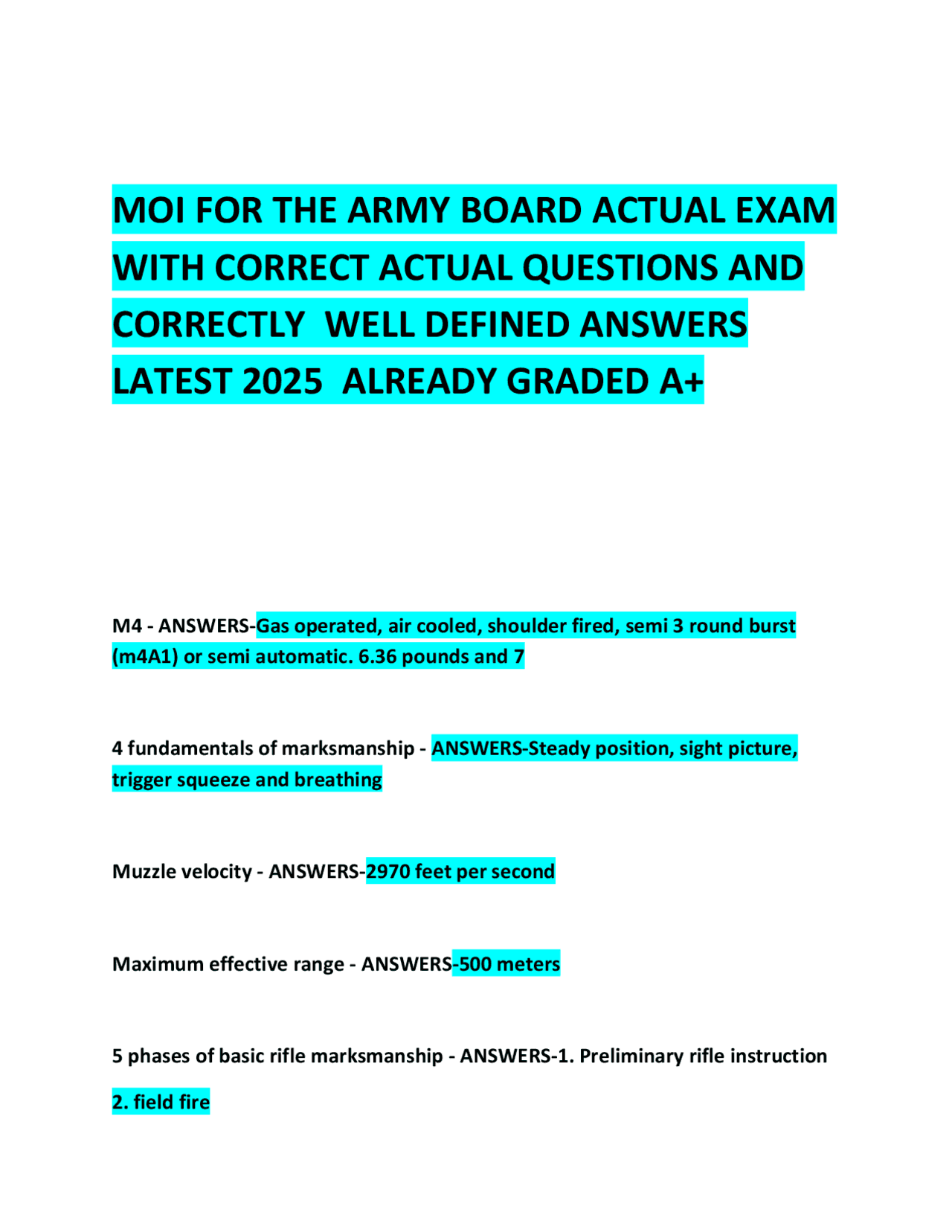 MOI FOR THE ARMY BOARD ACTUAL EXAM WITH CORRECT ACTUAL QUESTIONS AND ...