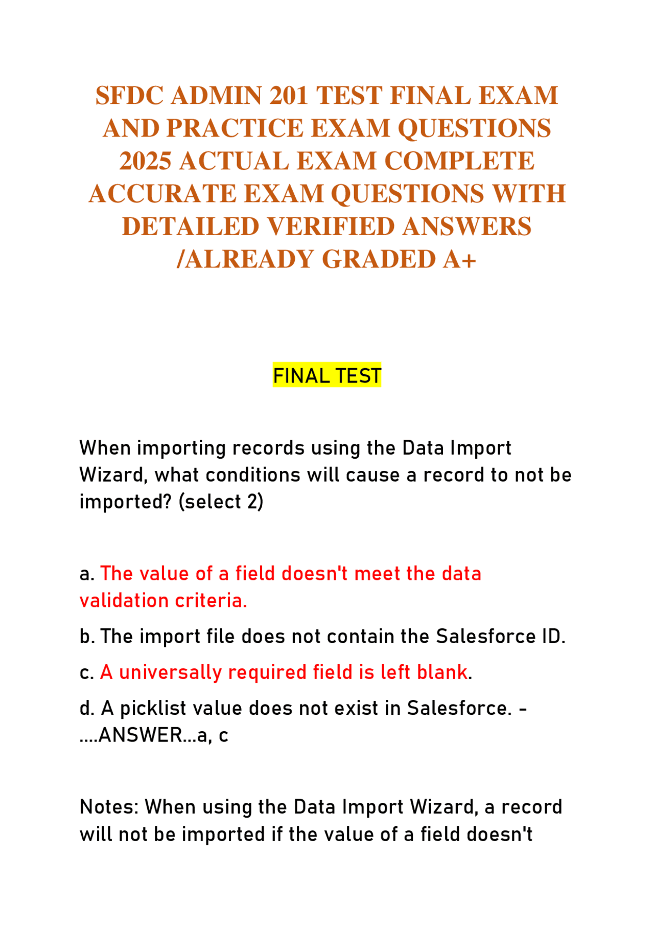 SFDC ADMIN 201 TEST FINAL EXAM AND PRACTICE EXAM QUESTIONS 2025 ACTUAL ...