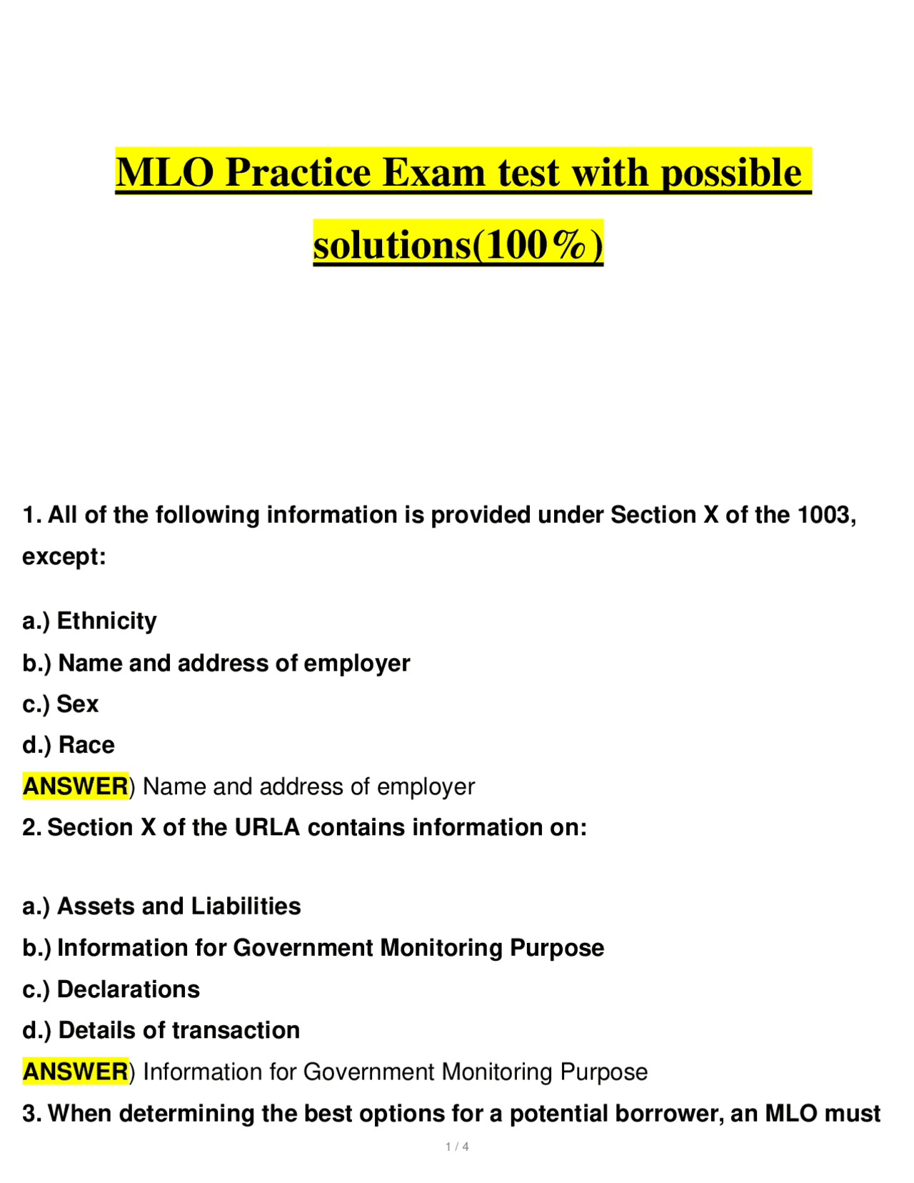 MLO Practice Exam: Questions and Answers for Mortgage Loan Originators ...