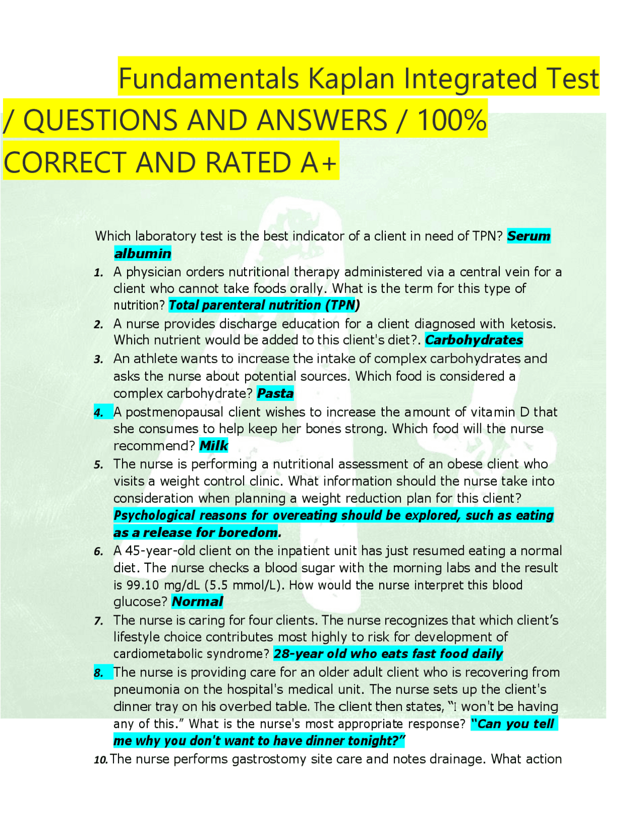 Fundamentals of Nutrition: Multiple Choice Questions and Answers ...