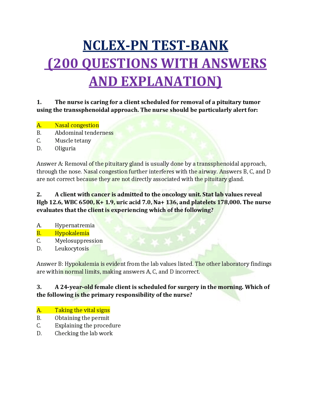 NCLEX-PN TEST-BANK (200 QUESTIONS WITH ANSWERS AND EXPLANATION) | Exams ...